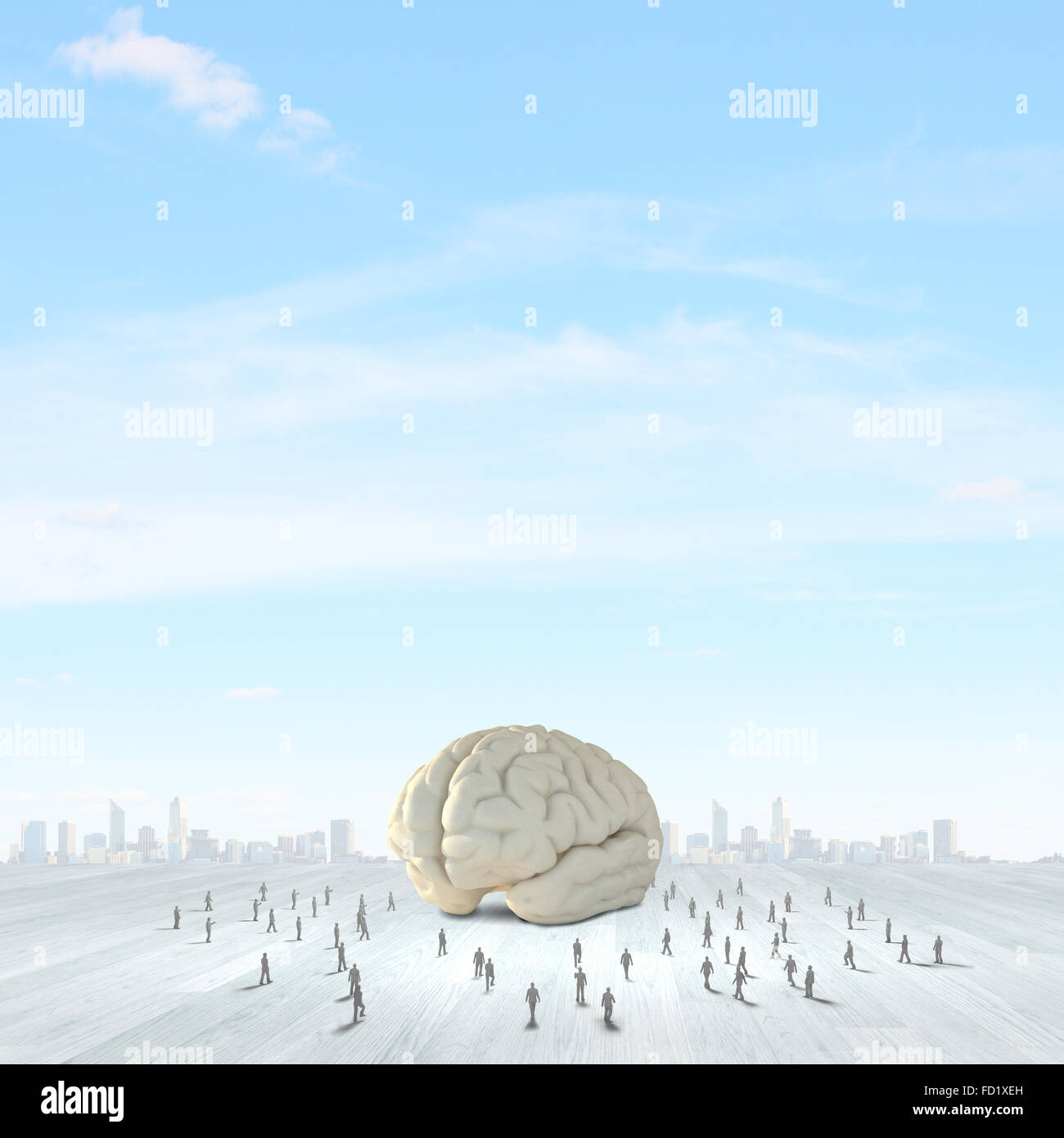 Huge human brain and many little businesspeople around Stock Photo - Alamy