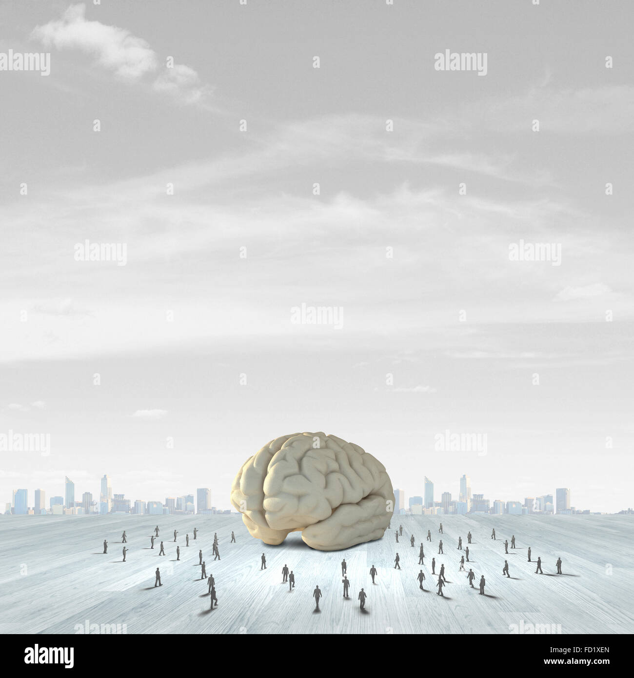 Huge human brain and many little businesspeople around Stock Photo - Alamy
