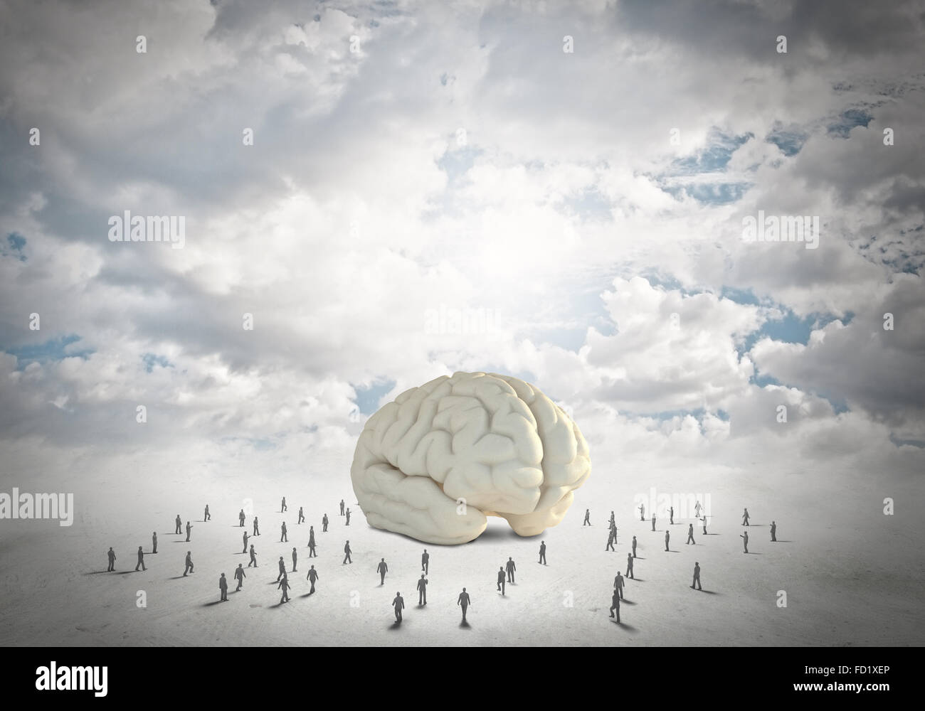 Huge human brain and many little businesspeople around Stock Photo - Alamy