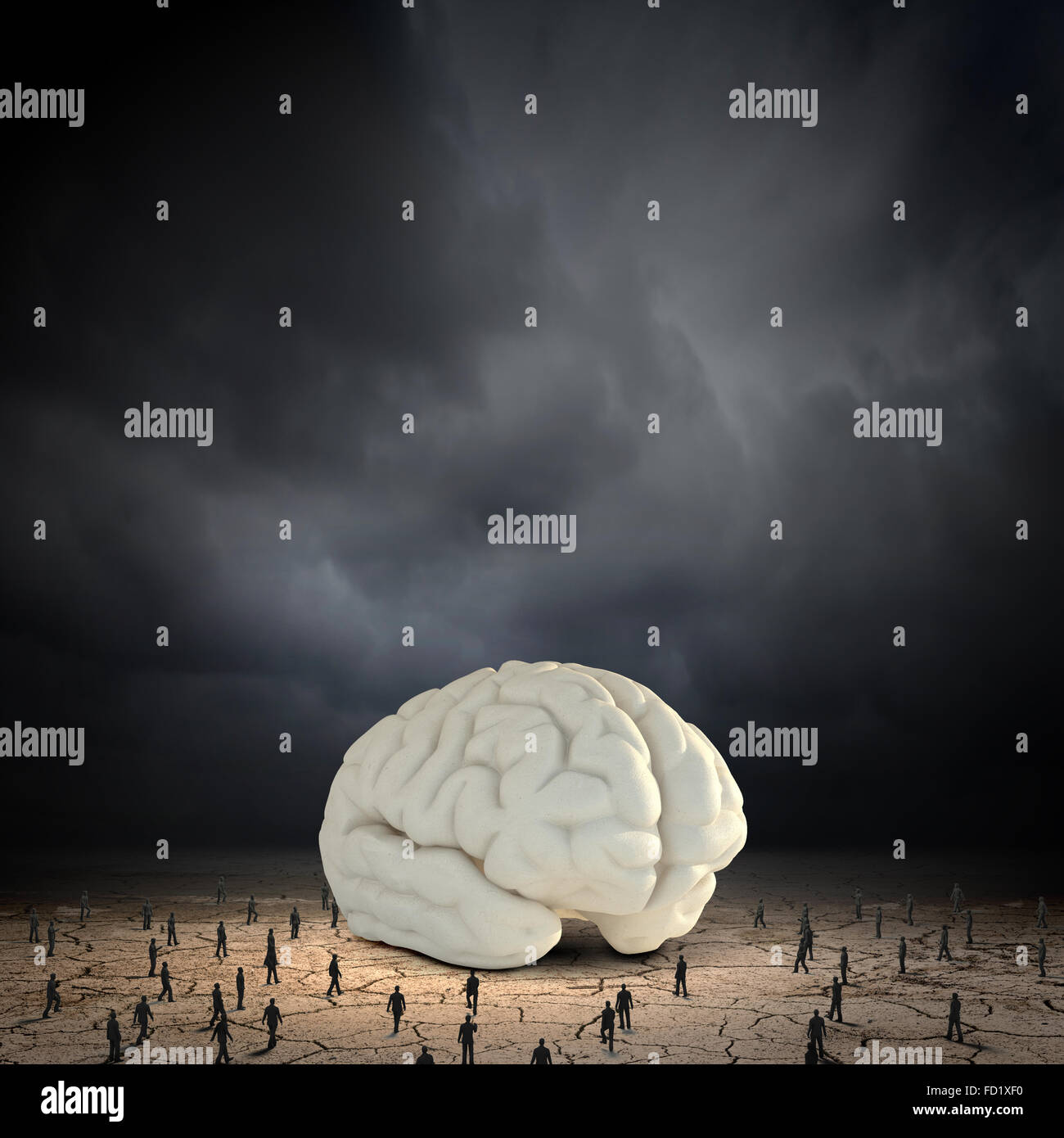 Huge human brain and many little businesspeople around Stock Photo - Alamy
