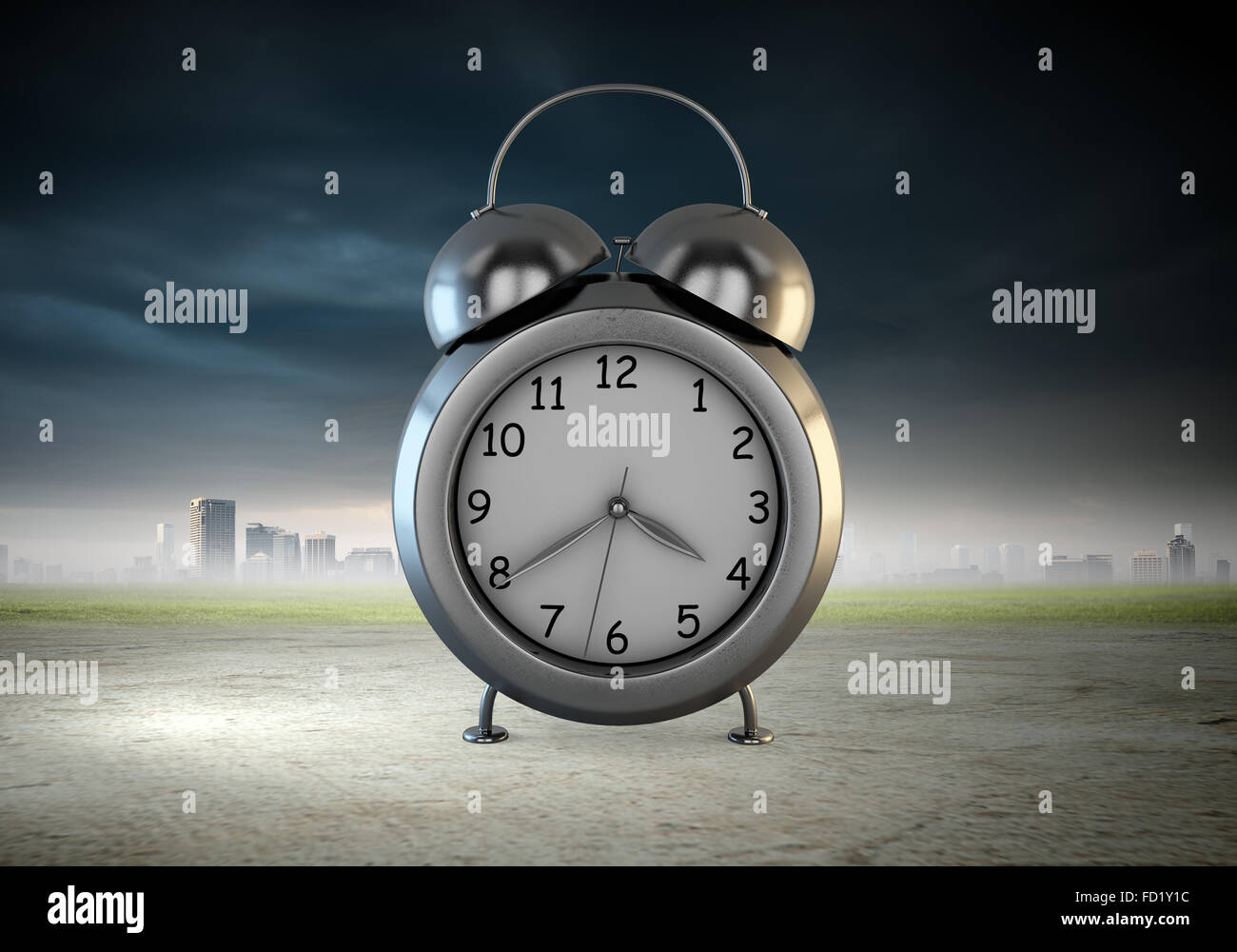 Big old-style clock against city modern background Stock Photo - Alamy