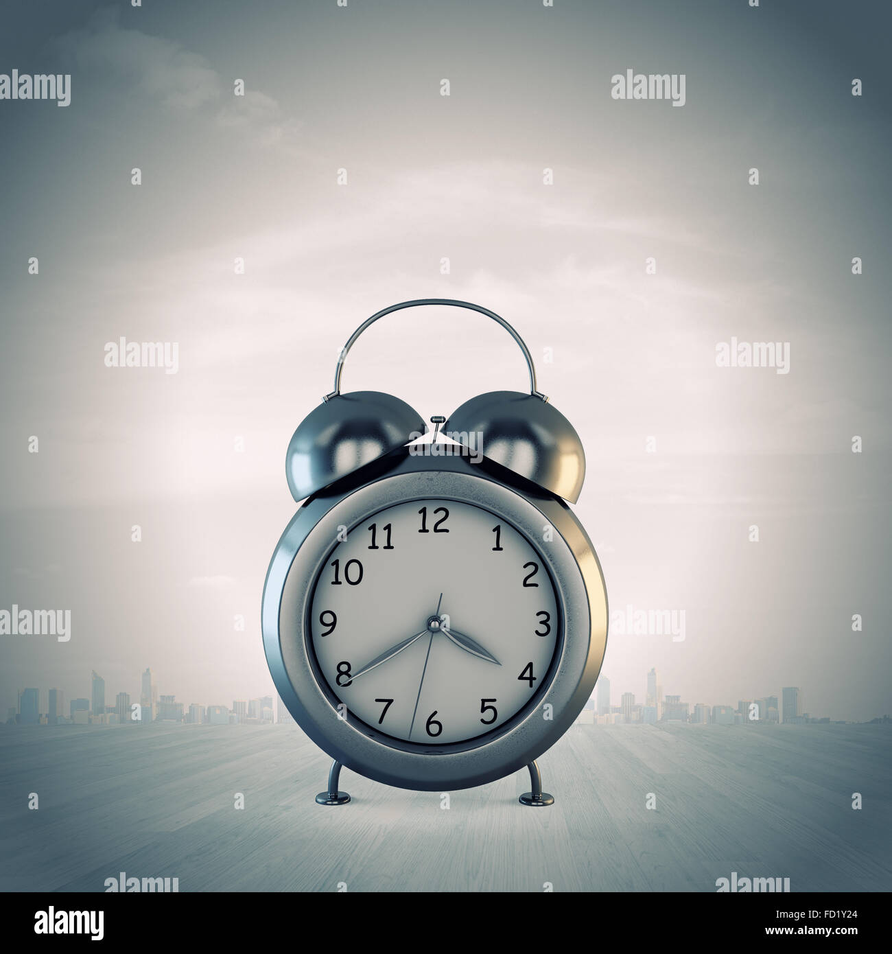 Big old-style clock against city modern background Stock Photo - Alamy