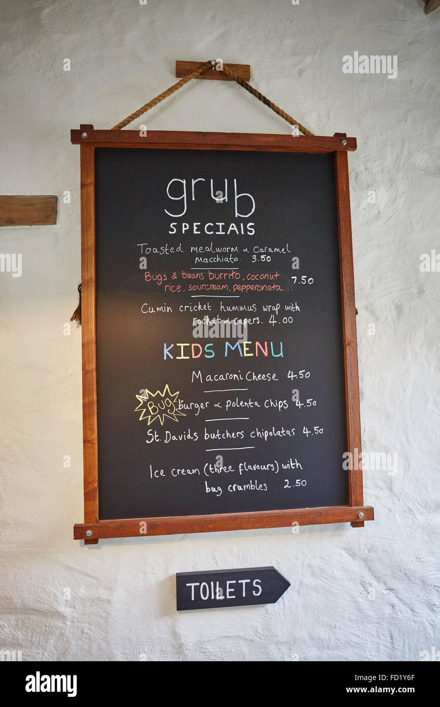 The specials menu board at Grub kitchen on grub farm near St Davids, Pembrokeshire, Wales, Uk ...