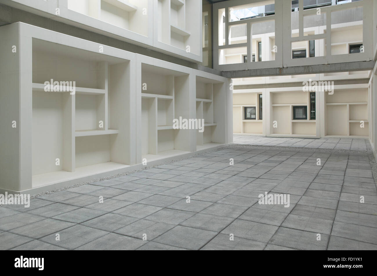 Building facade with square structures. Patio. Interior. Horizontal ...