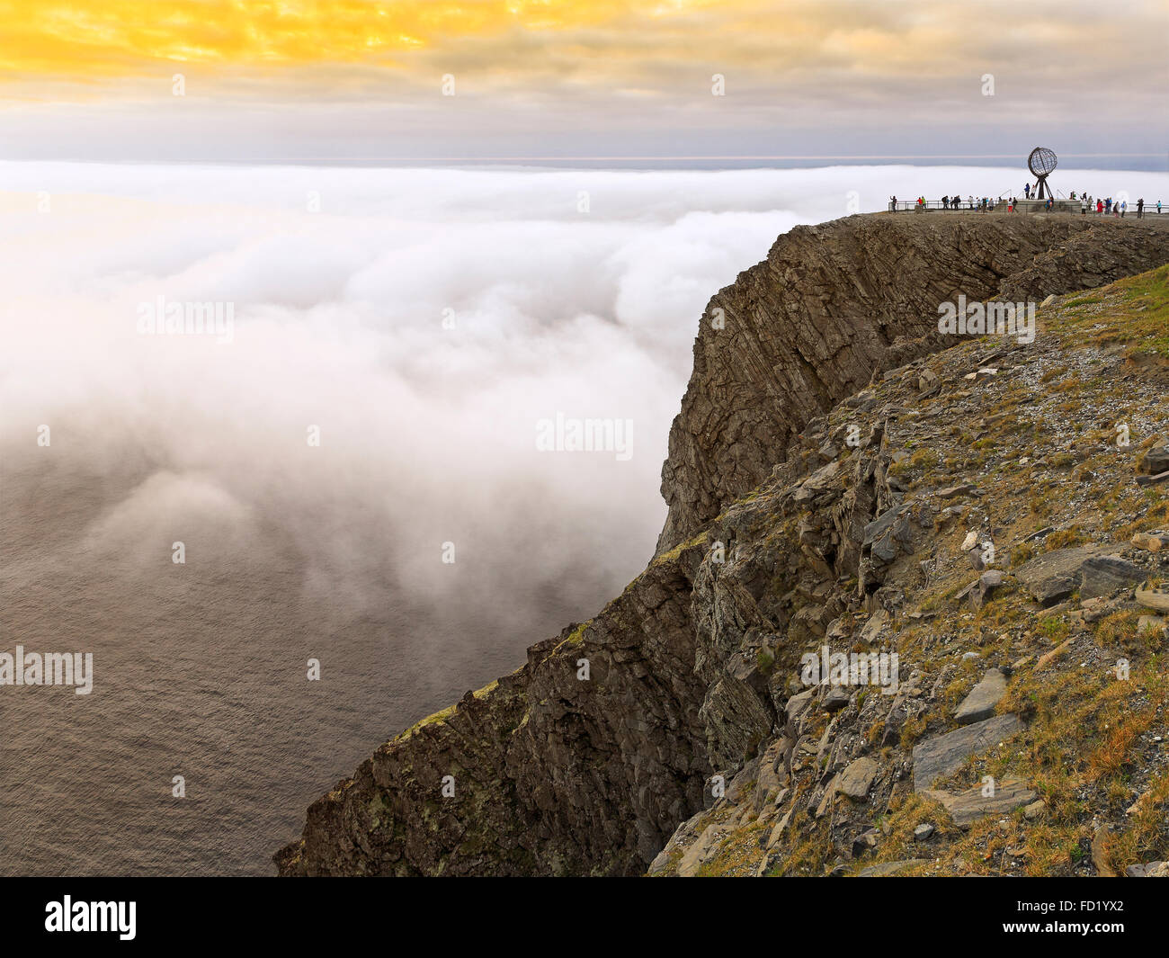 Slate plateau, rocky coast with North Cape platform and globe in the ...