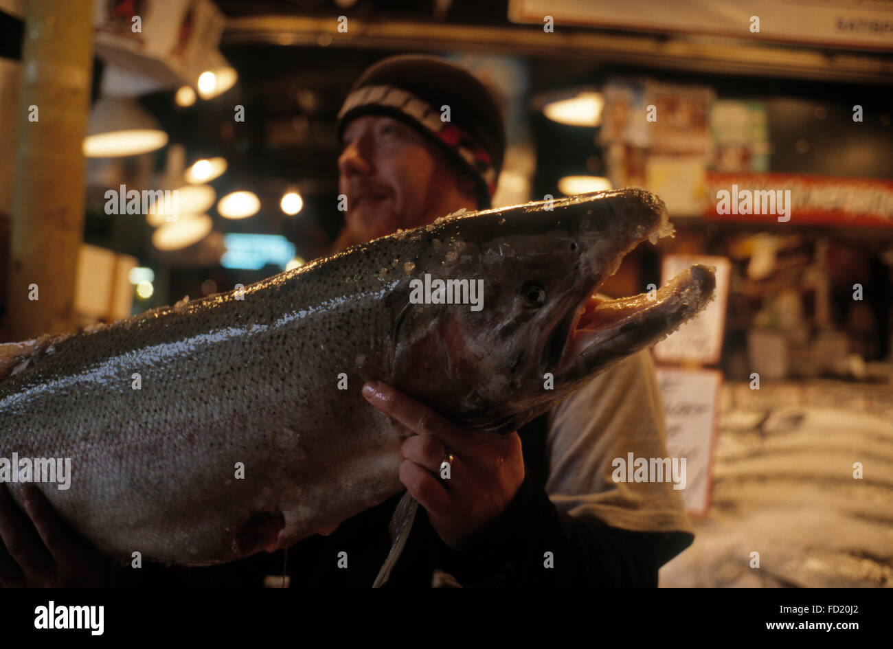 Seattle wild Salmon fishermen on docks at Seattle harbour USA Stock ...