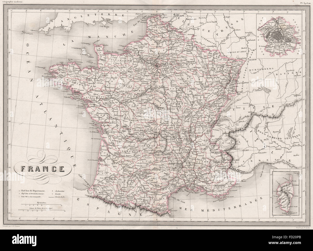 FRANCE. in departements. Original outline colour. MALTE-BRUN, c1846 old ...