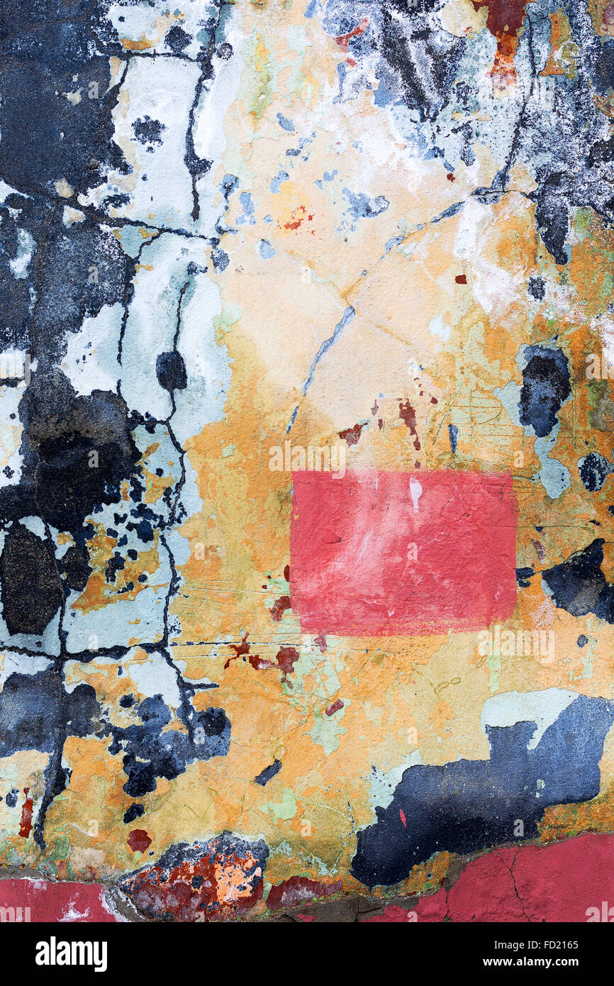 Dirty concrete wall with streaks of water, stains, cracks and scratches ...