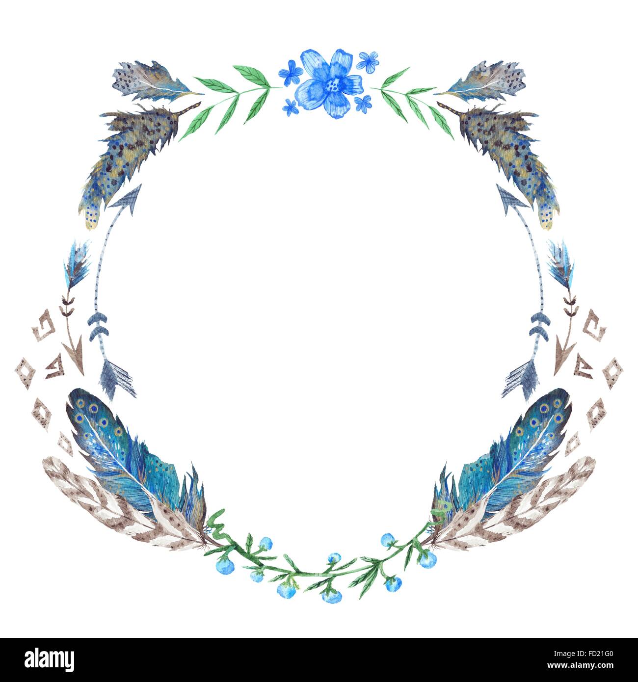 Creative tribal style round frame with blue forest flowers and feathers ...