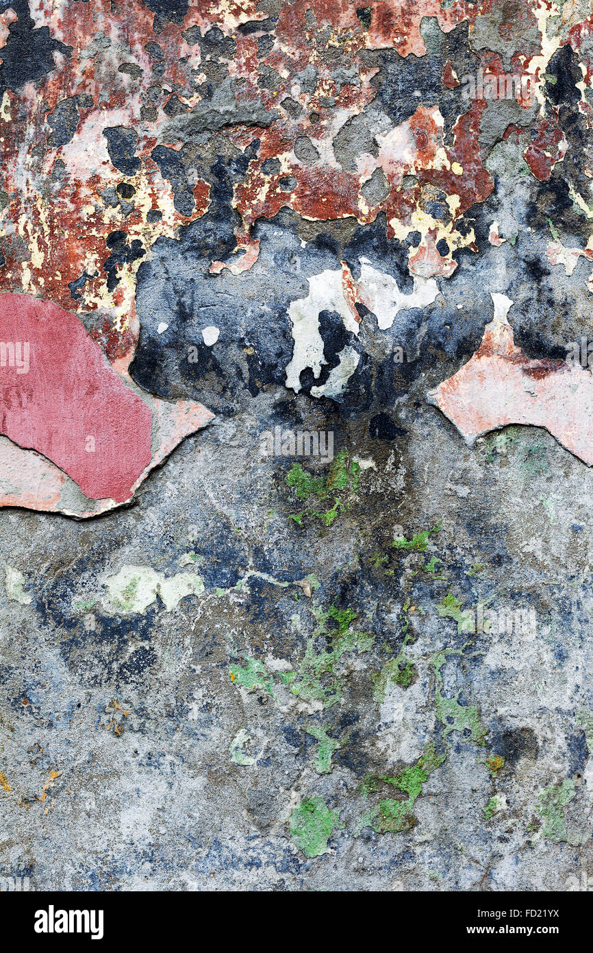 Dirty concrete wall with streaks of water, stains, cracks and scratches ...