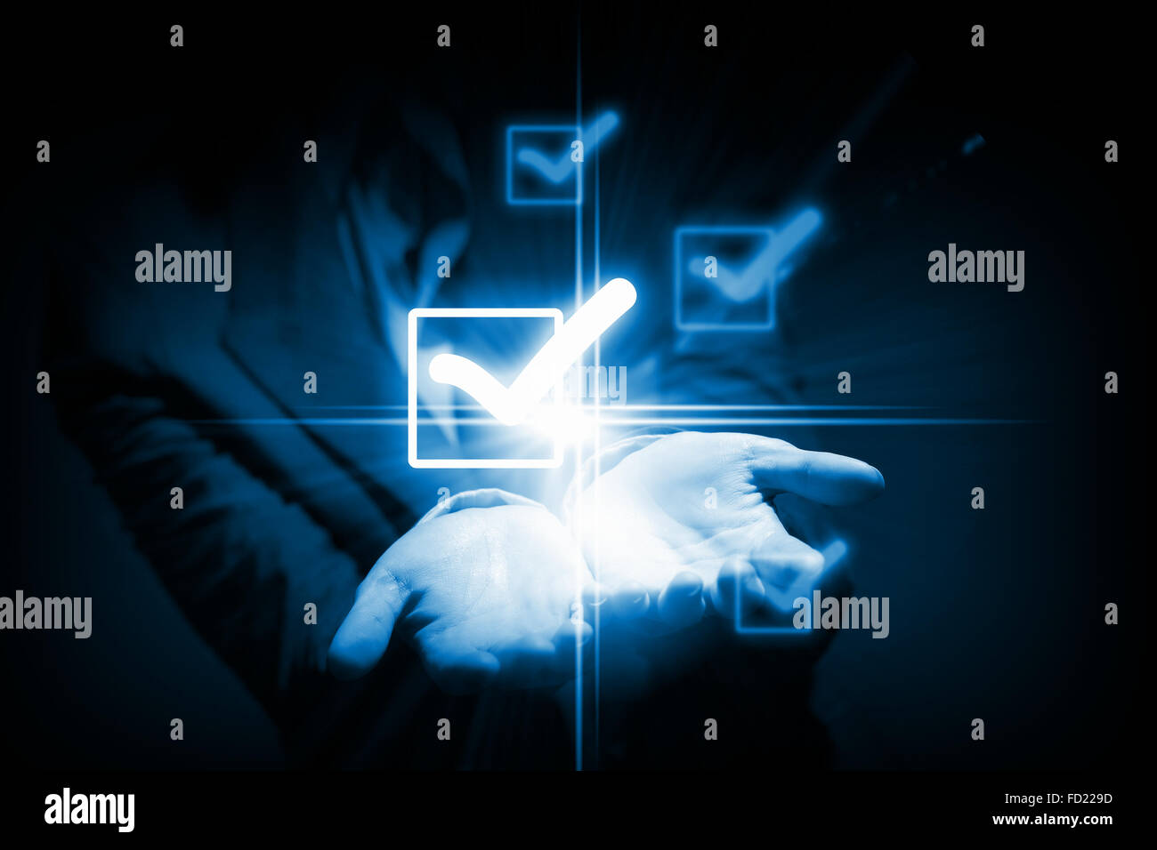 Close up businessman touching ticking icon of media screen Stock Photo ...