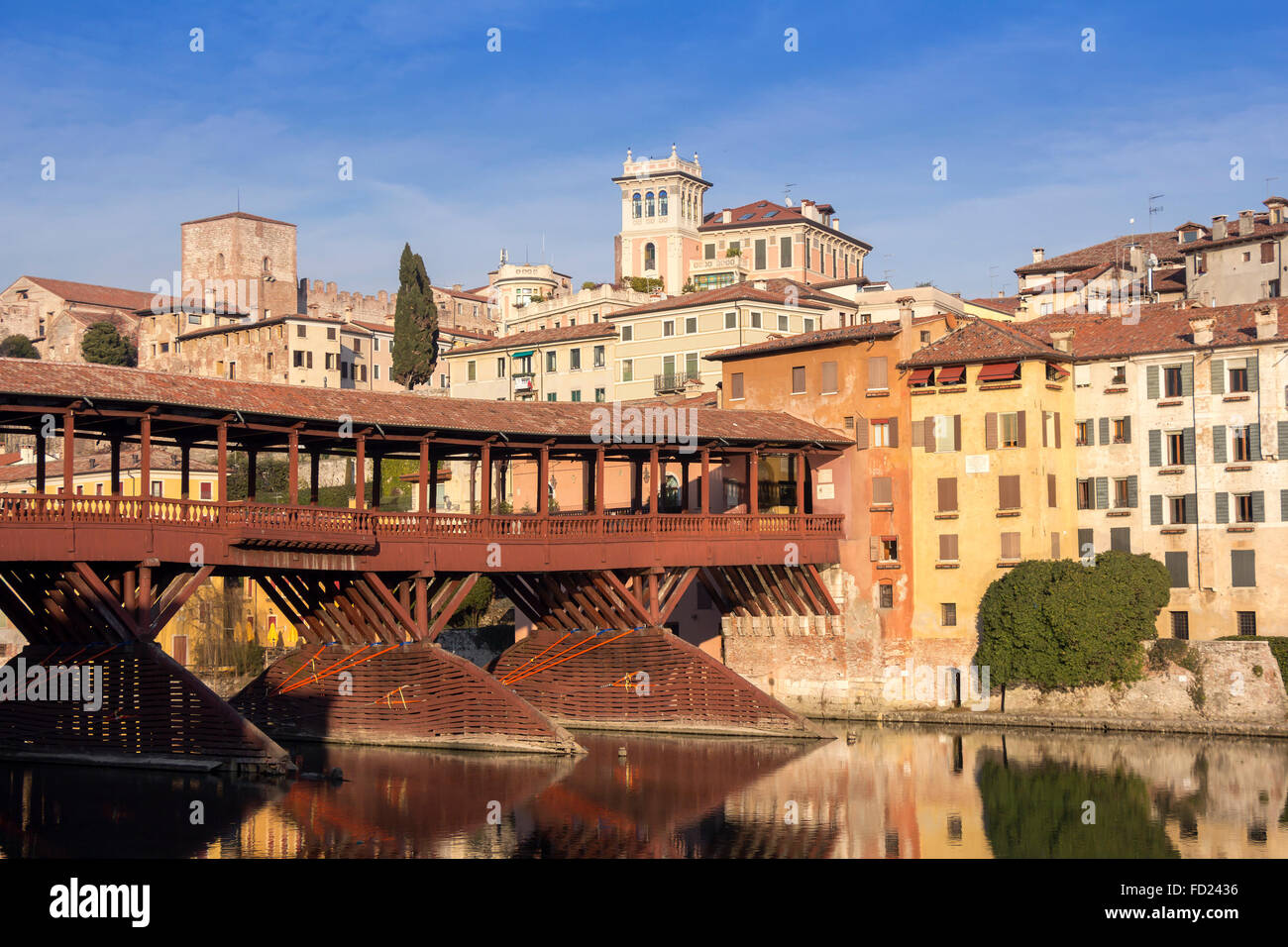 Famous old wooden bridge (Ponte Vecchio) in village Bassano del Grappa ...