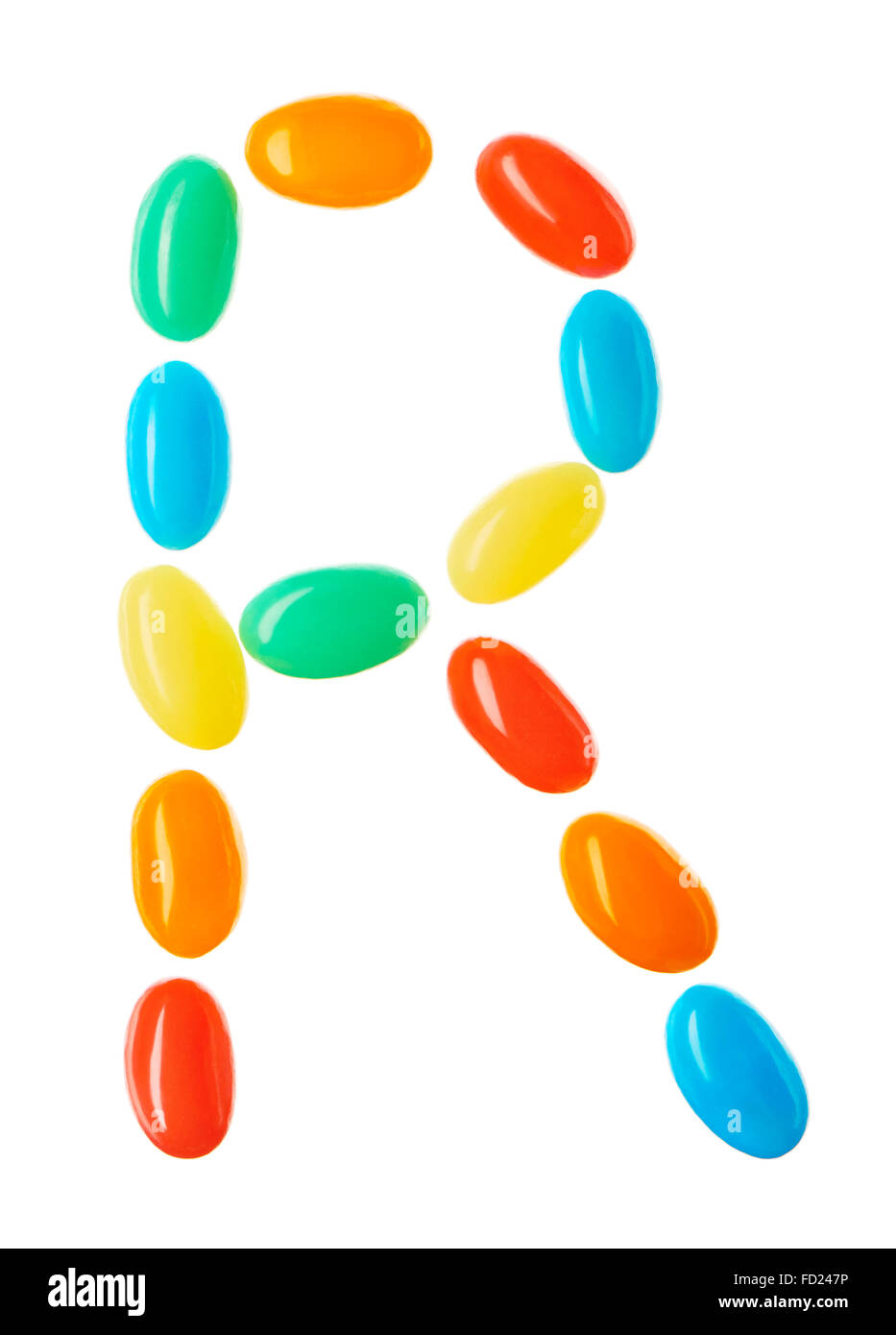 R letter made of multicolored candies isolated on white background ...