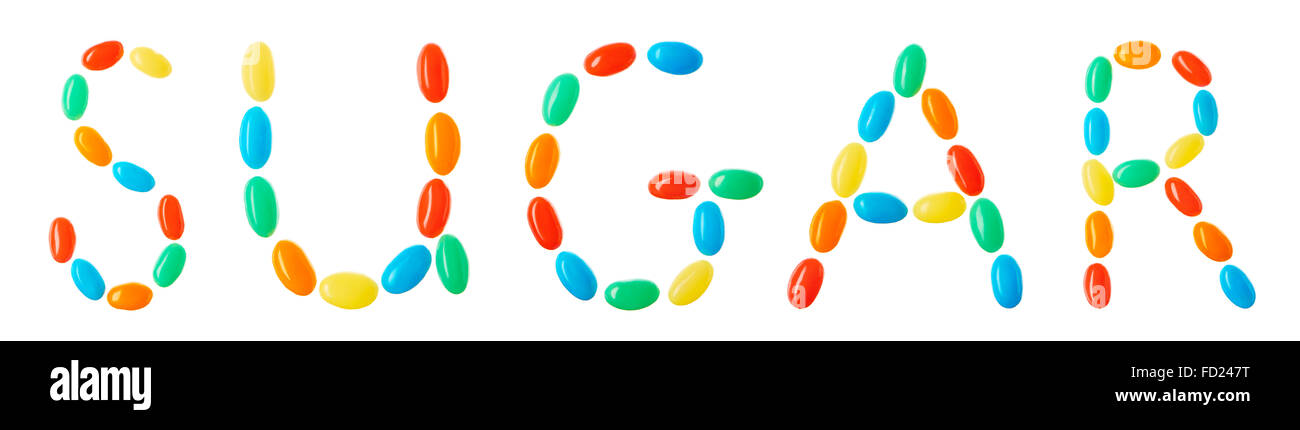 "sugar" lettering made of multicolored candies isolated on white ...