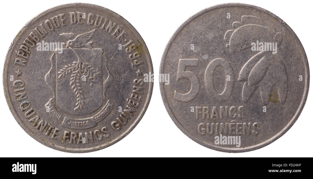50 Guinean franc coin, 1994, both sides, isolated on white background ...