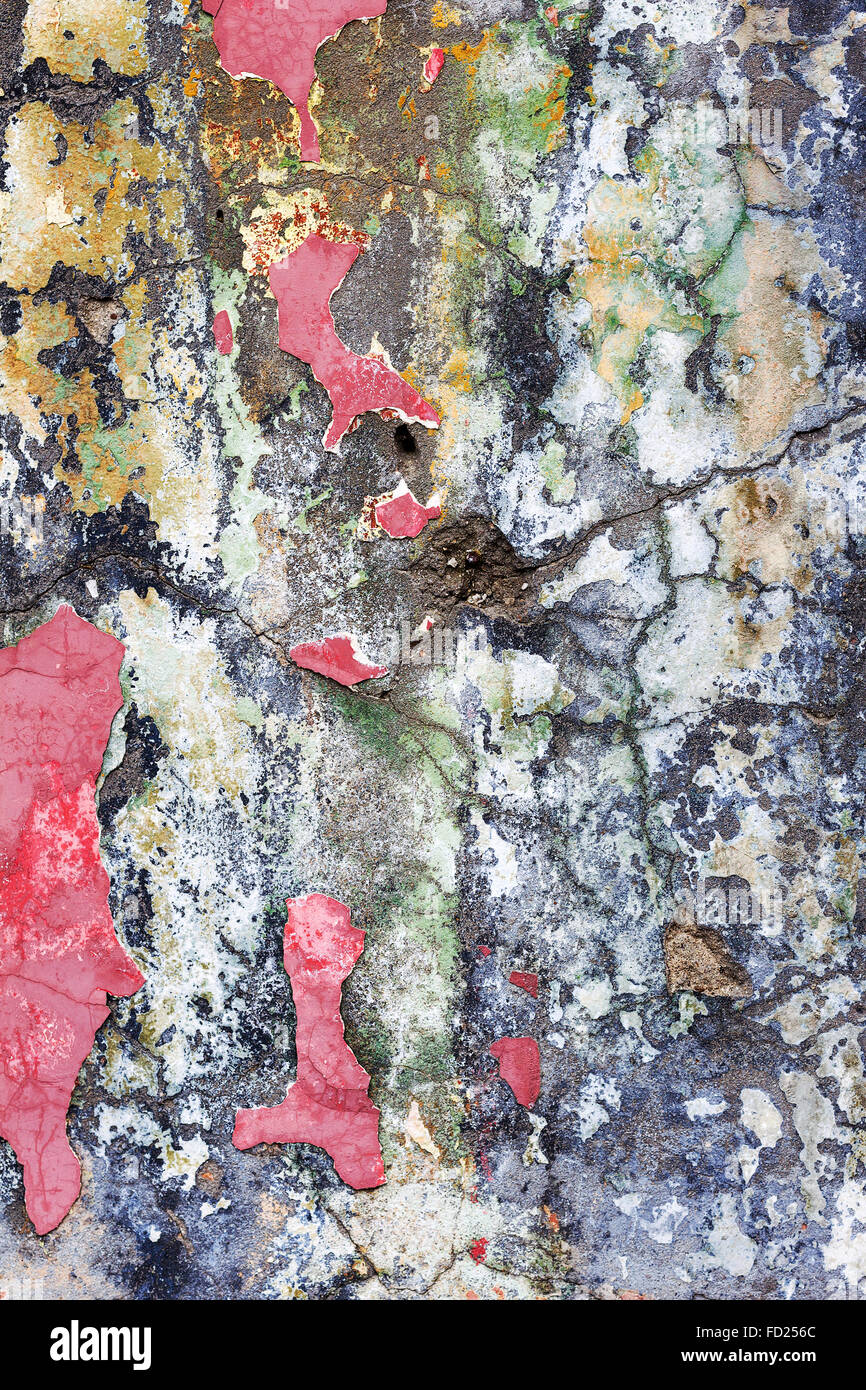 Dirty concrete wall with streaks of water, stains, cracks and scratches ...