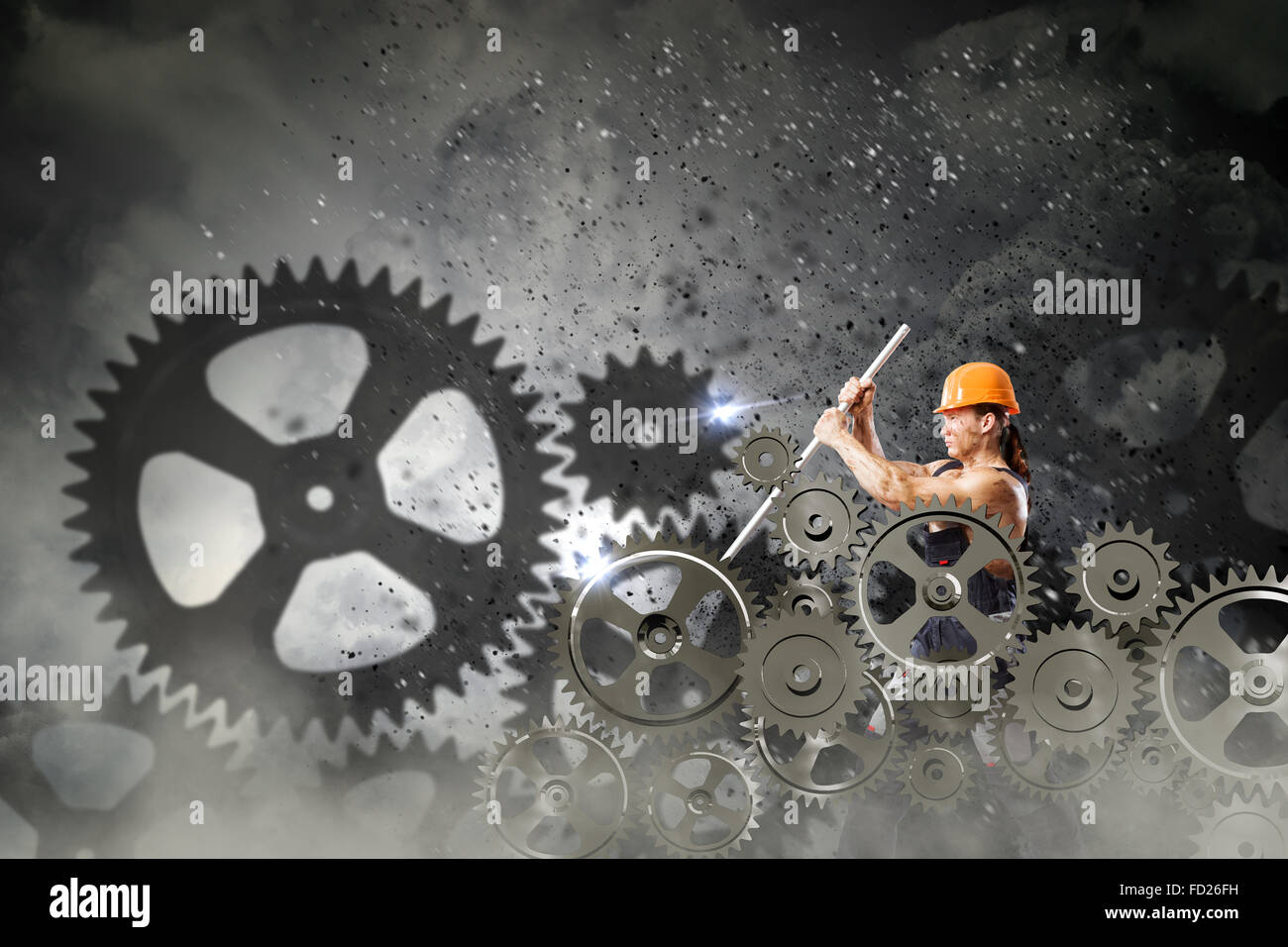 Strong man mechanic in uniform with spanner fixing mechanism Stock ...