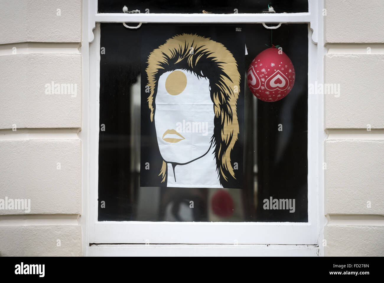 Tribute to David Bowie, as Aladdin Sane, displayed in a house window in ...