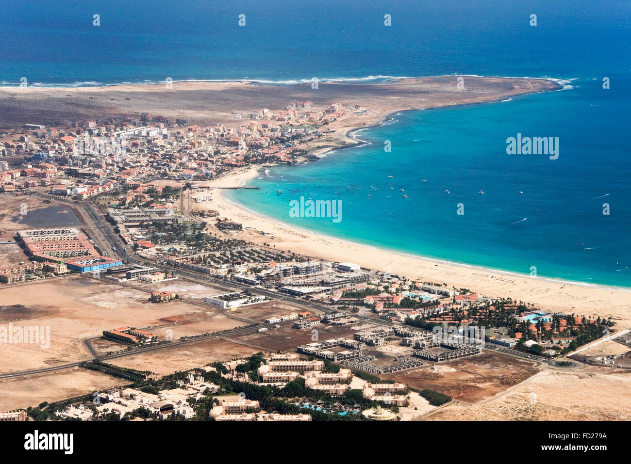 Horizontal aerial view of Santa Maria on the island of Sal in Cape ...