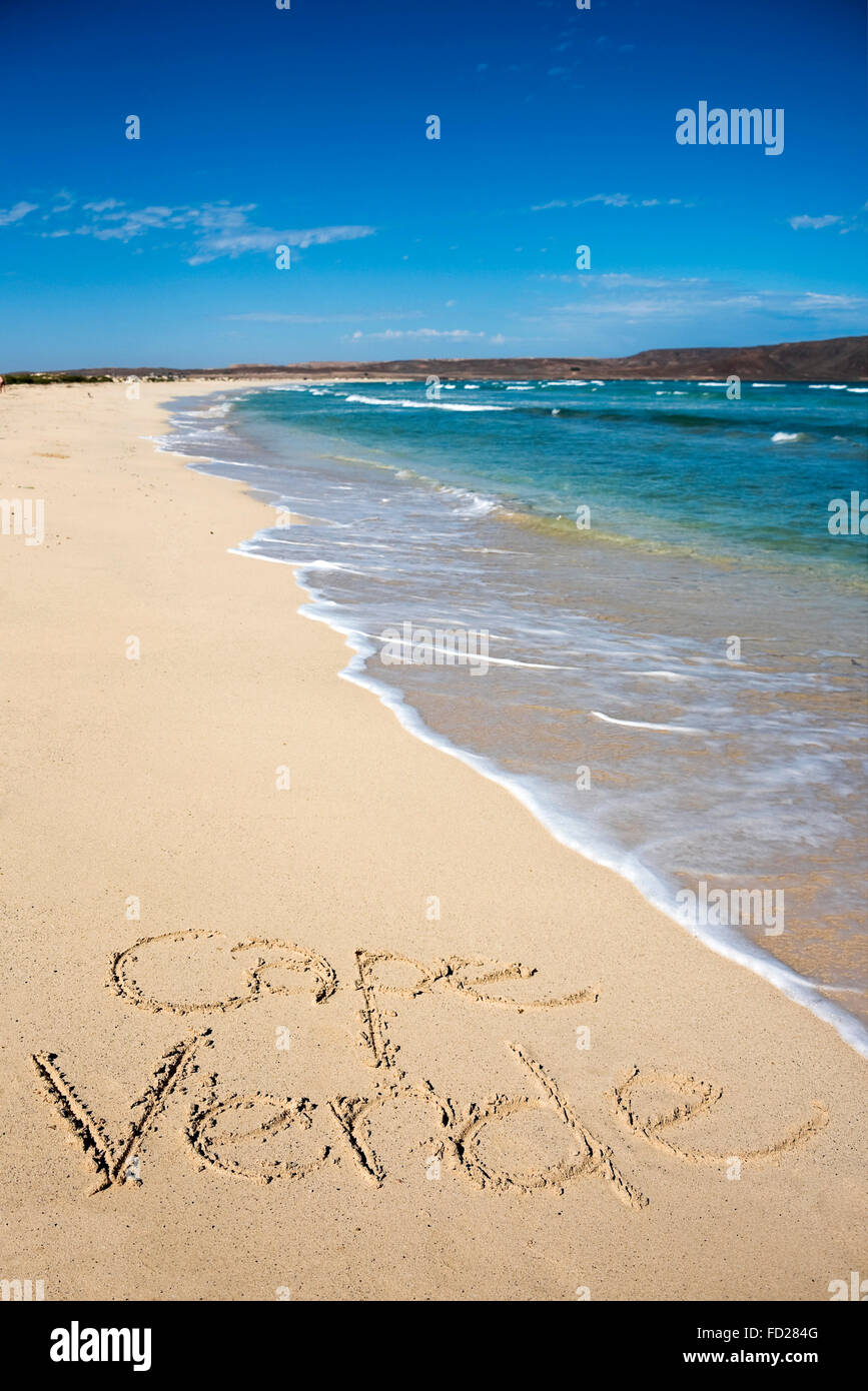 Vertical view of Cape Verde written in the sand at Kite Beach Stock ...