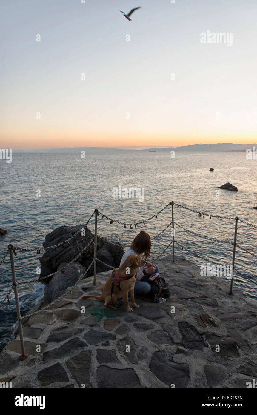 Flight of a seagull over woman with dog Stock Photo - Alamy