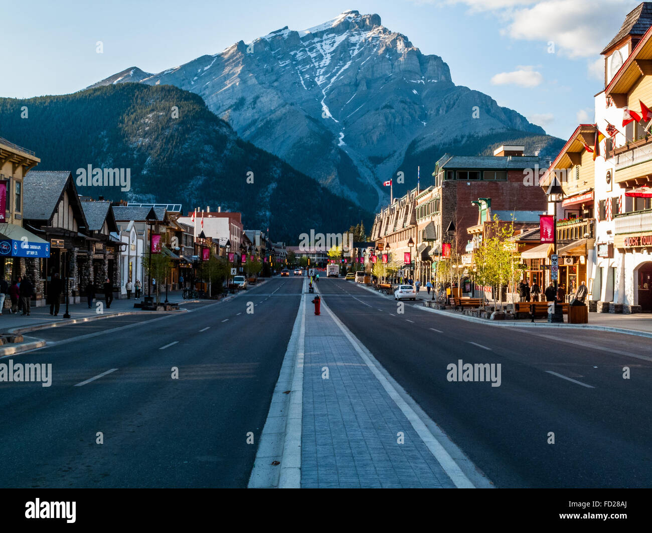 close view of Main street of Banff townsite in Banff National Park ...