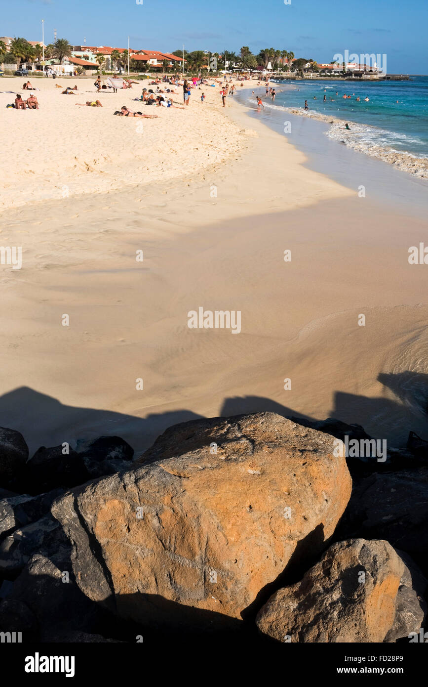 Vertical view of Praia de Santa Maria on Sal in Cape Verde Stock Photo ...
