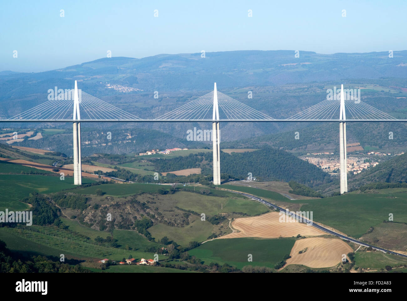 View of the Millau Viaduct, the tallest cable-stayed bridge over the ...