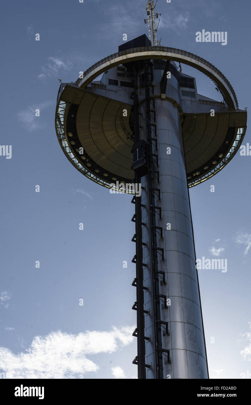 Down view of the Moncloa lighthouse tower in Madrid city, Spain Stock ...