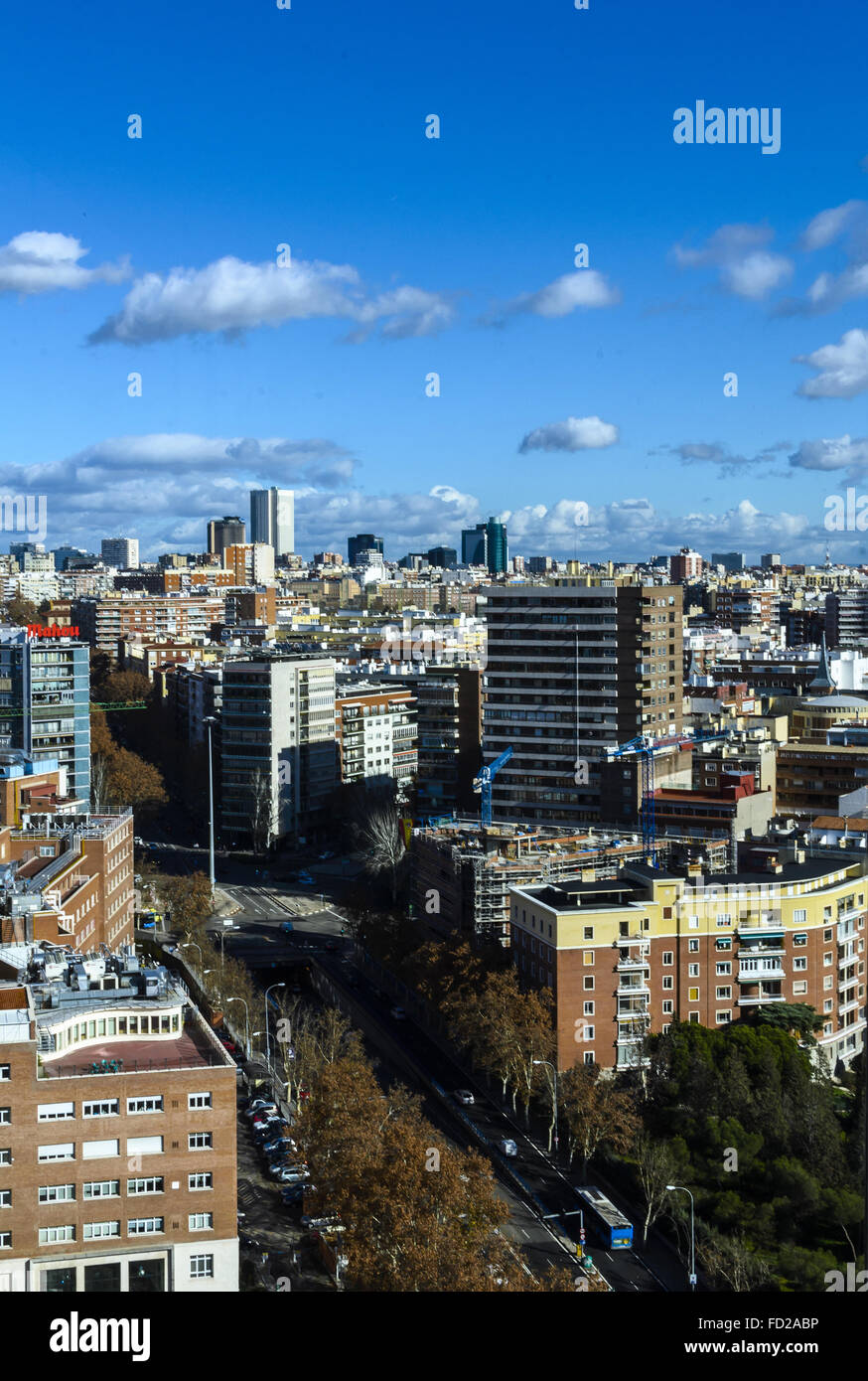 Vertical view of an area of Madrid city from Moncloa lighthouse, Spain ...