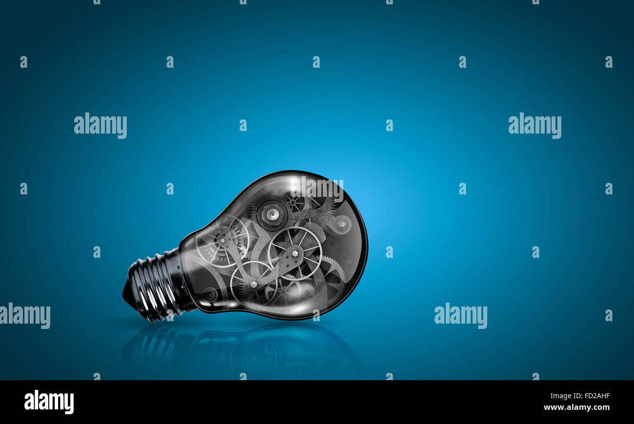 Conceptual image of light bulb with cogwheels inside Stock Photo - Alamy
