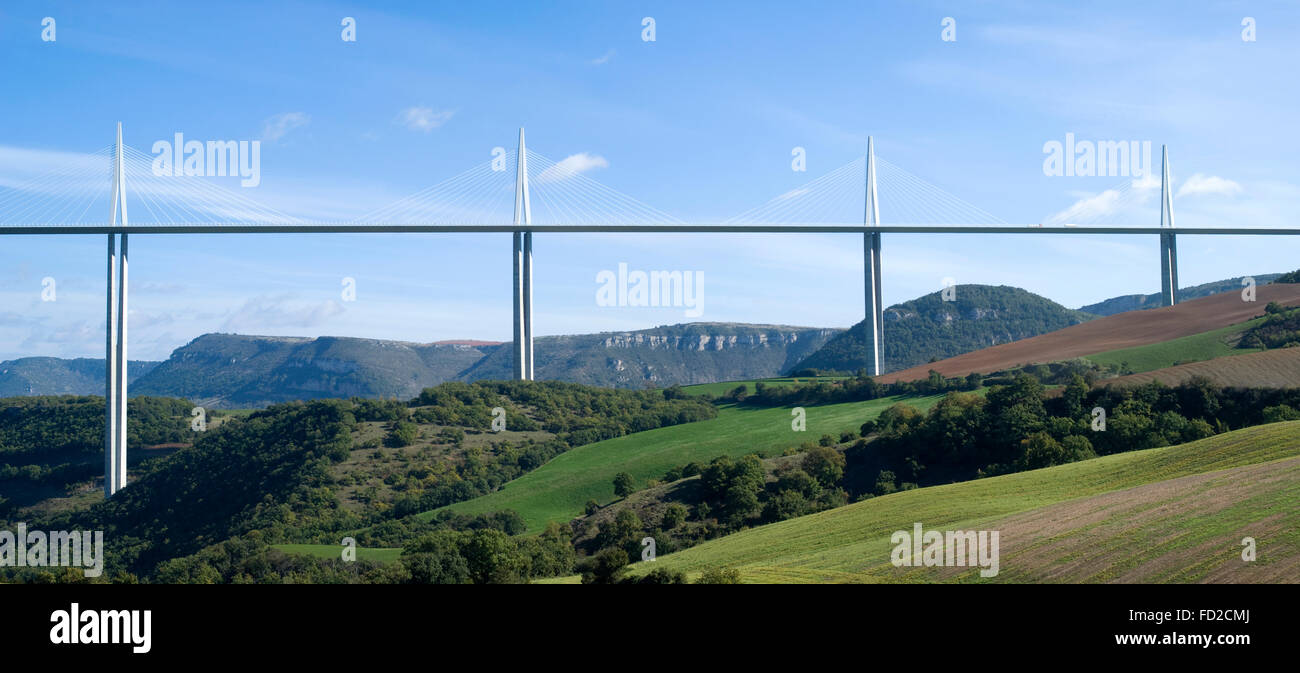 View of the Millau Viaduct, the tallest cable-stayed bridge over the ...