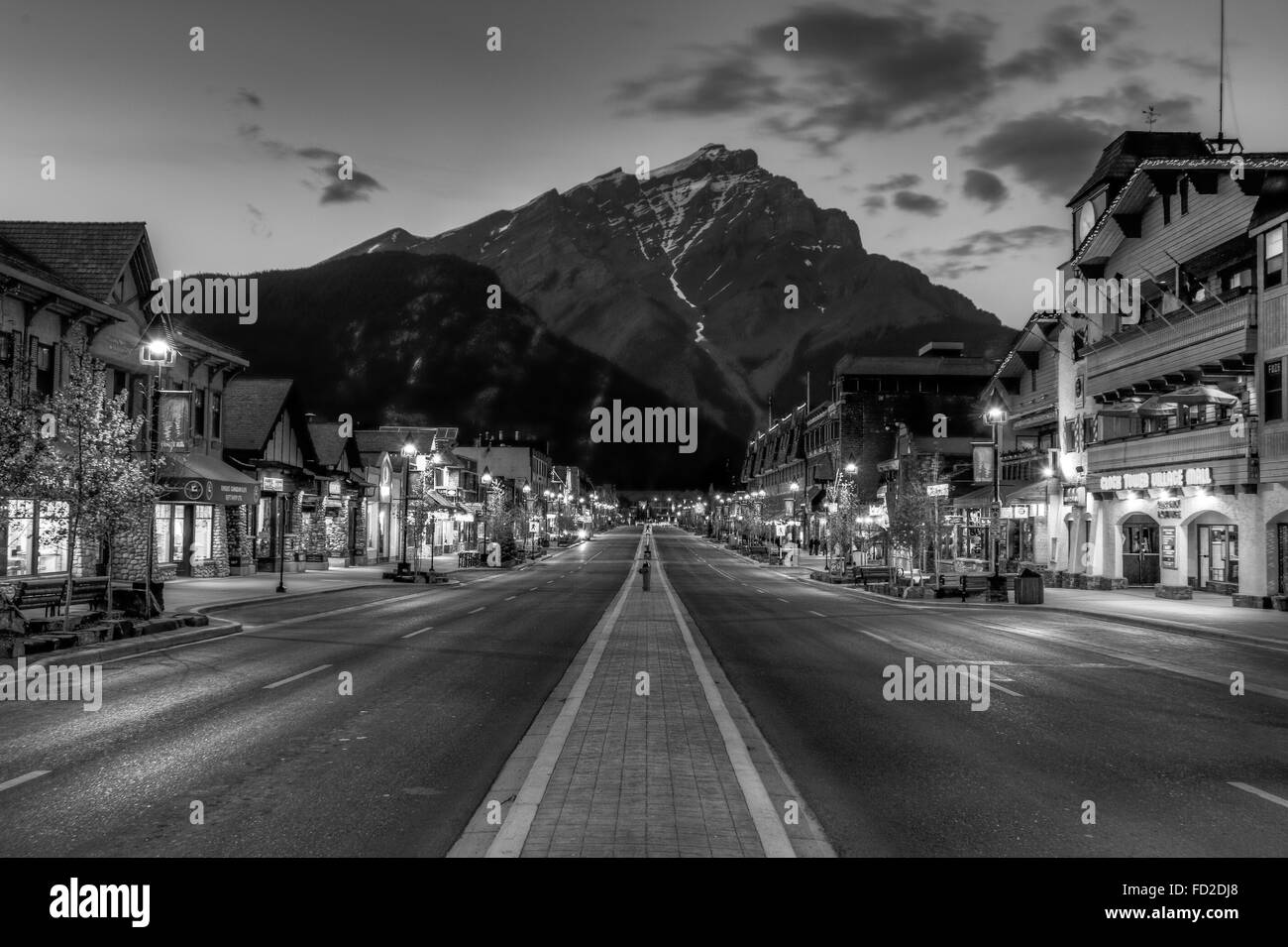 night view of Main street of Banff townsite in Banff National Park ...