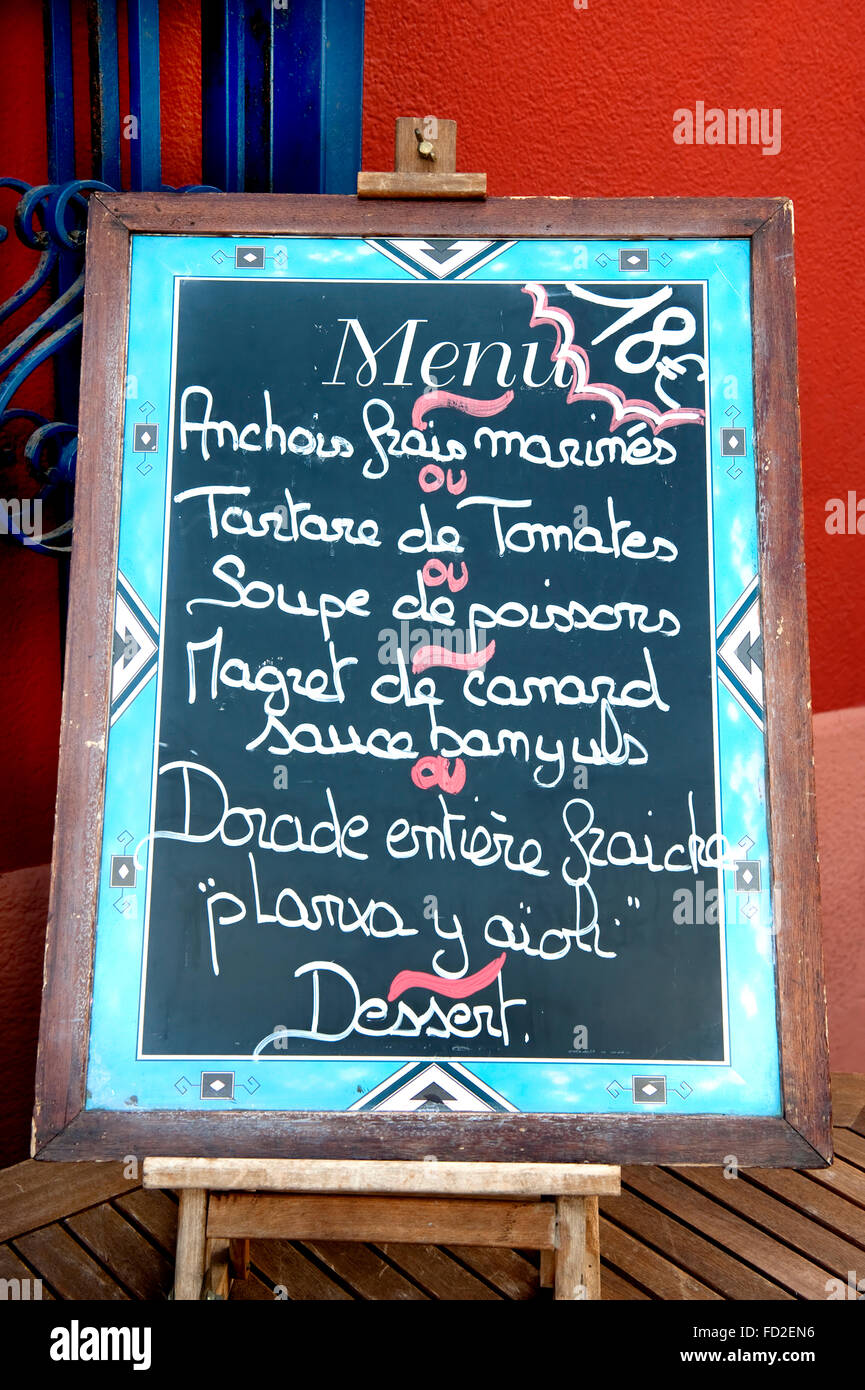 Menu sign with the day's menu and the price in euro outside a ...
