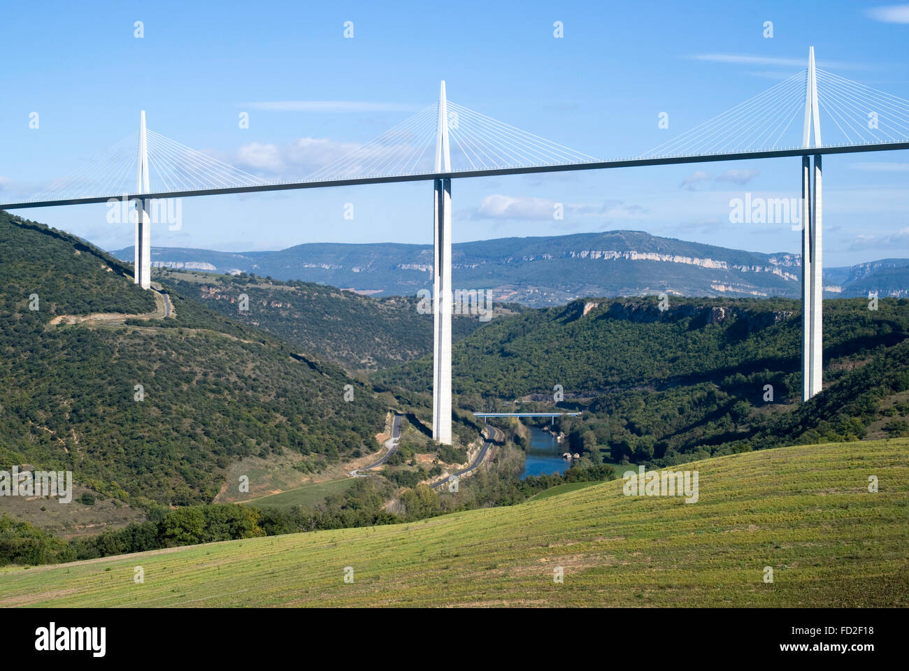 View of the Millau Viaduct, the tallest cable-stayed bridge over the ...