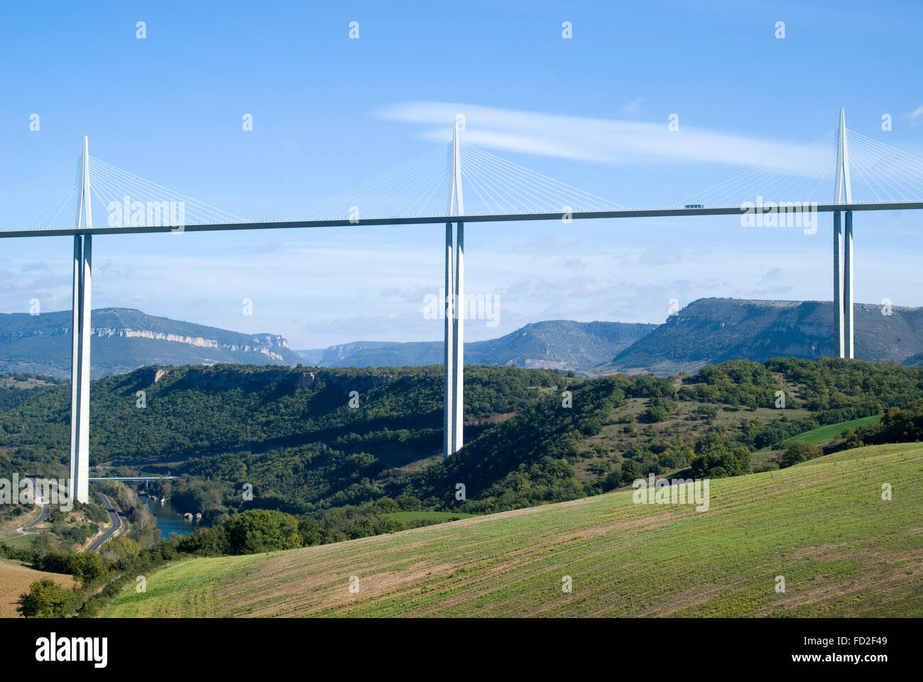 View of the Millau Viaduct, the tallest cable-stayed bridge over the ...