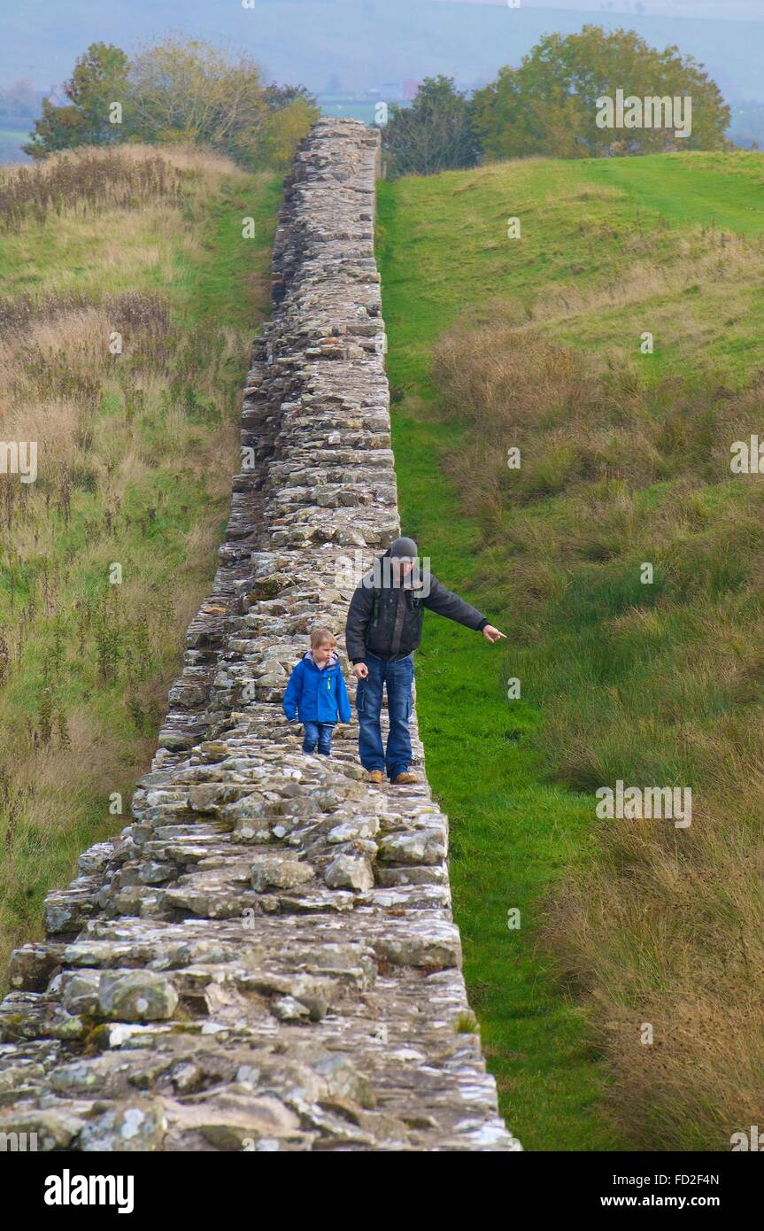 Hadrian's Wall. Father and child walking on the Roman Wall. Birdoswald ...