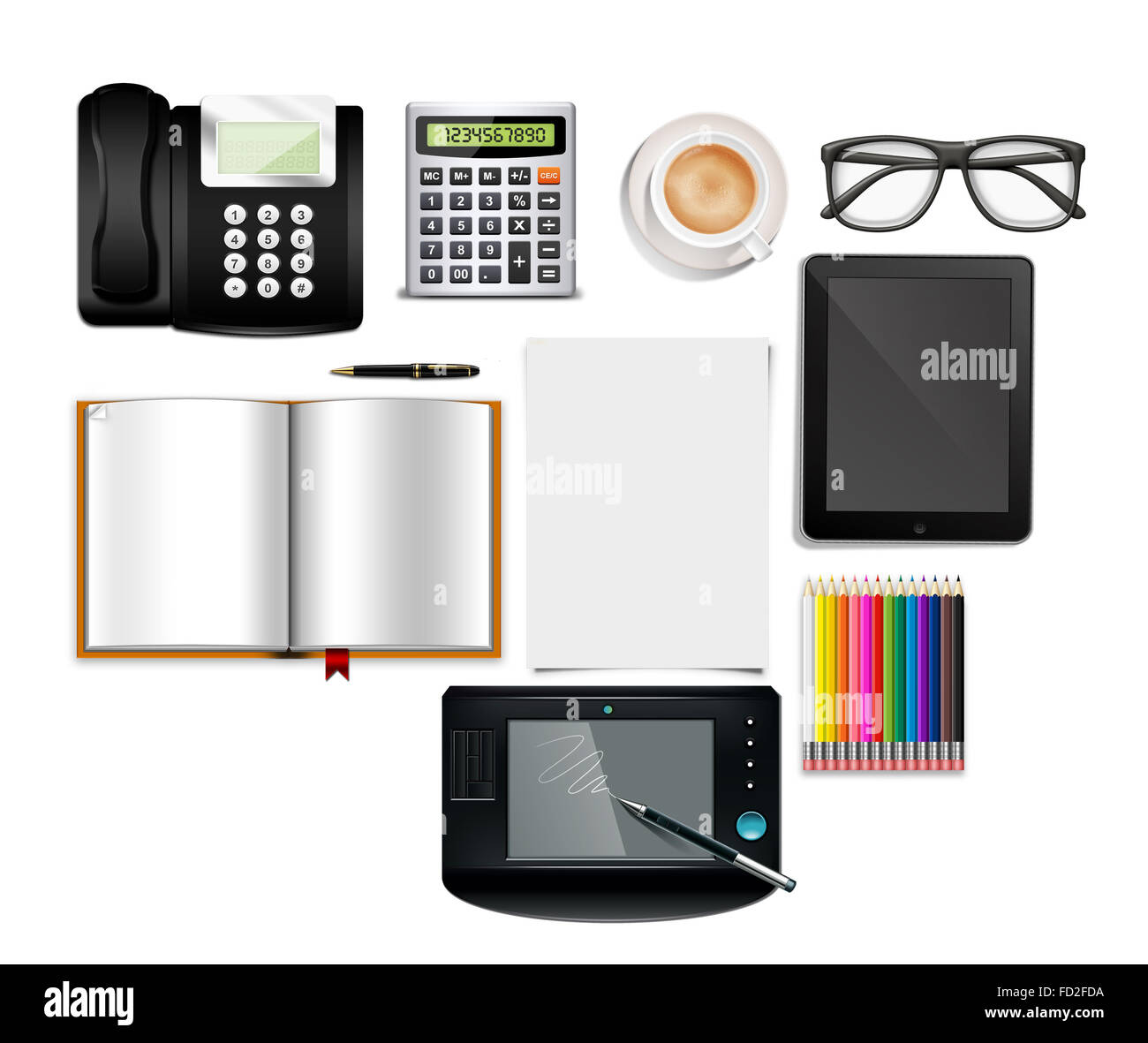 Realistic illustration of desk with office items Stock Photo - Alamy
