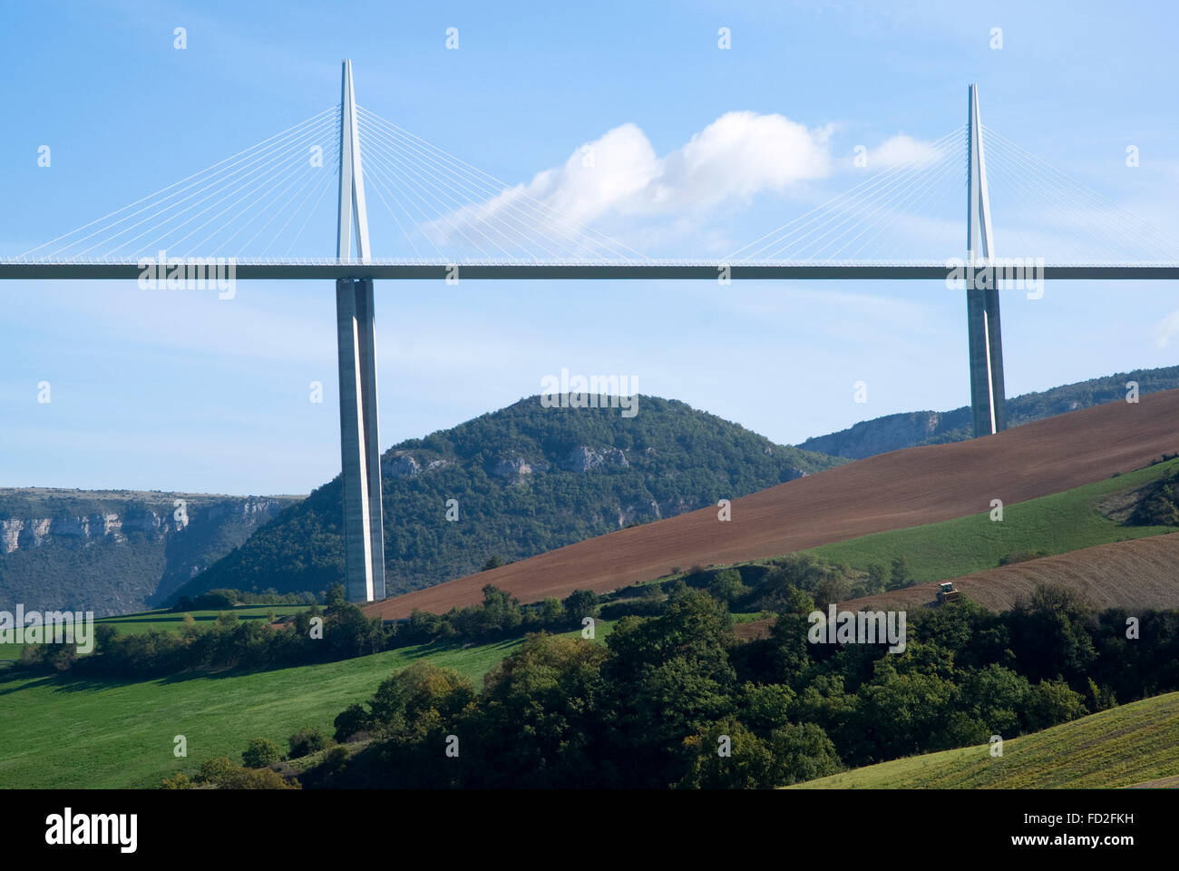 View of the Millau Viaduct, the tallest cable-stayed bridge over the ...