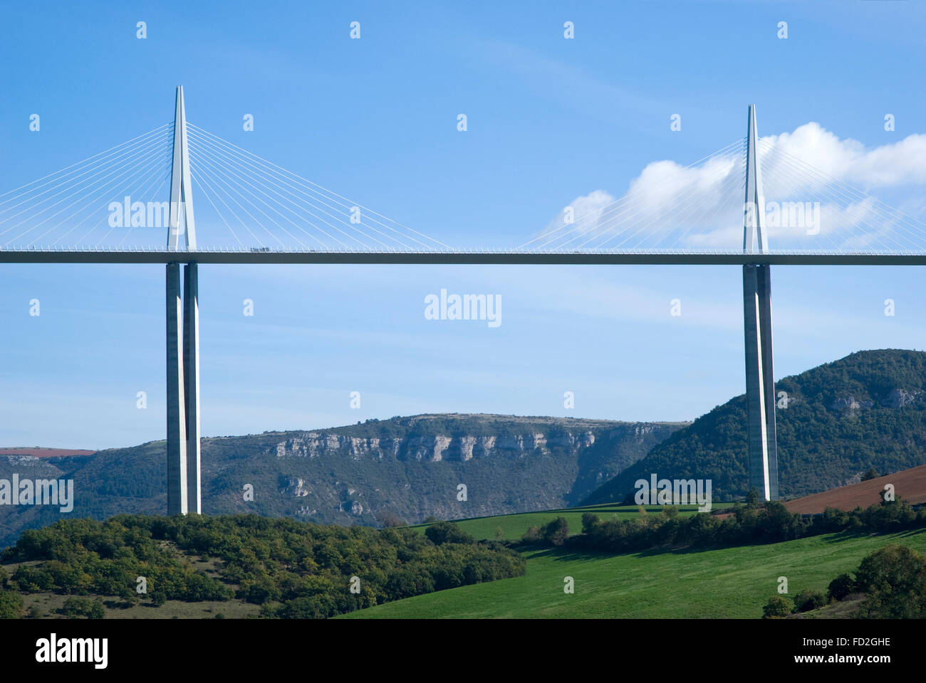 View of the Millau Viaduct, the tallest cable-stayed bridge over the ...