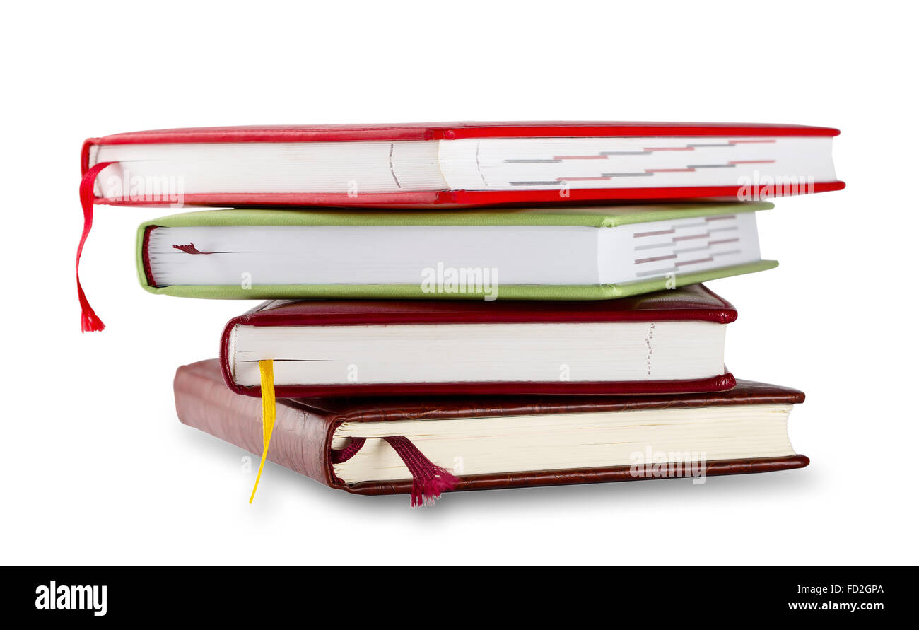 Stack of notebooks with bookmarks isolated on white background Stock ...
