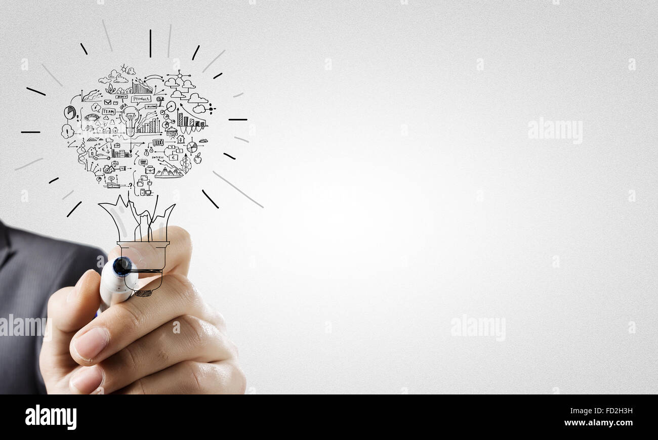 Close up of businessman hand drawing business strategy sketches Stock ...