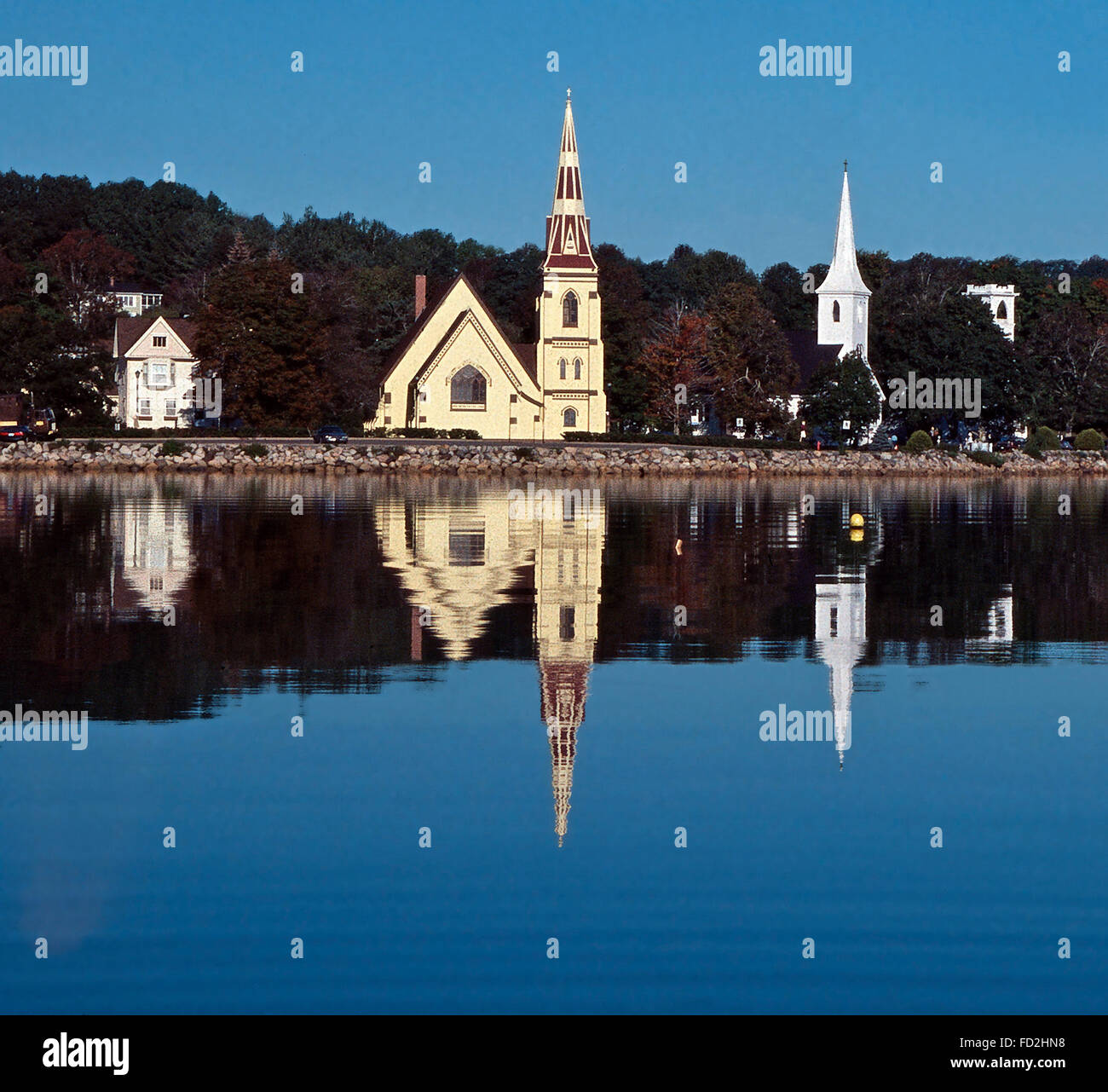 Reflection of The Three Churches in Mahone Bay,Nova Scotia Stock Photo ...