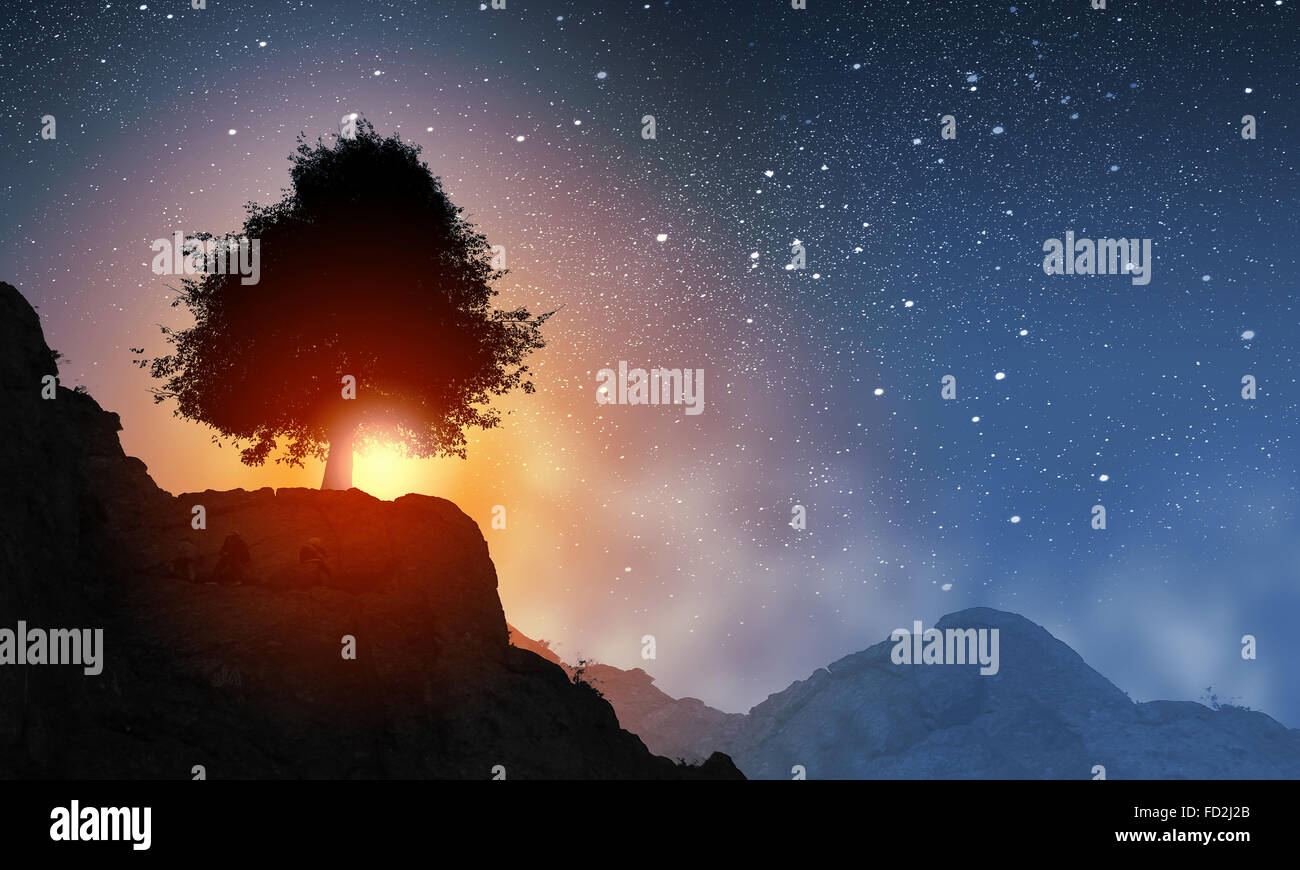 Natural scene with silhouette of tree against sunset light Stock Photo ...