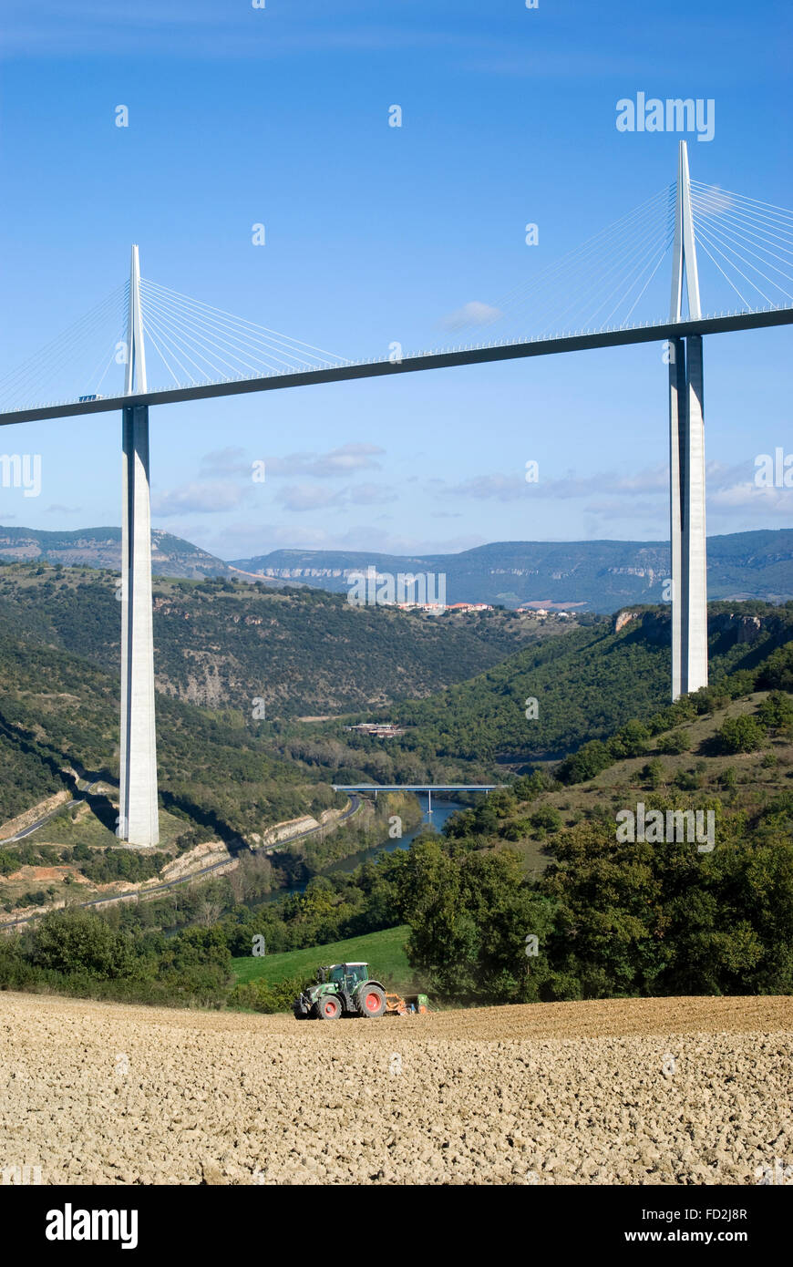 View of the Millau Viaduct, the tallest cable-stayed bridge over the ...