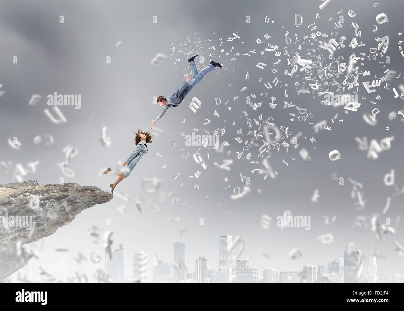 Two young business people flying in sky Stock Photo - Alamy