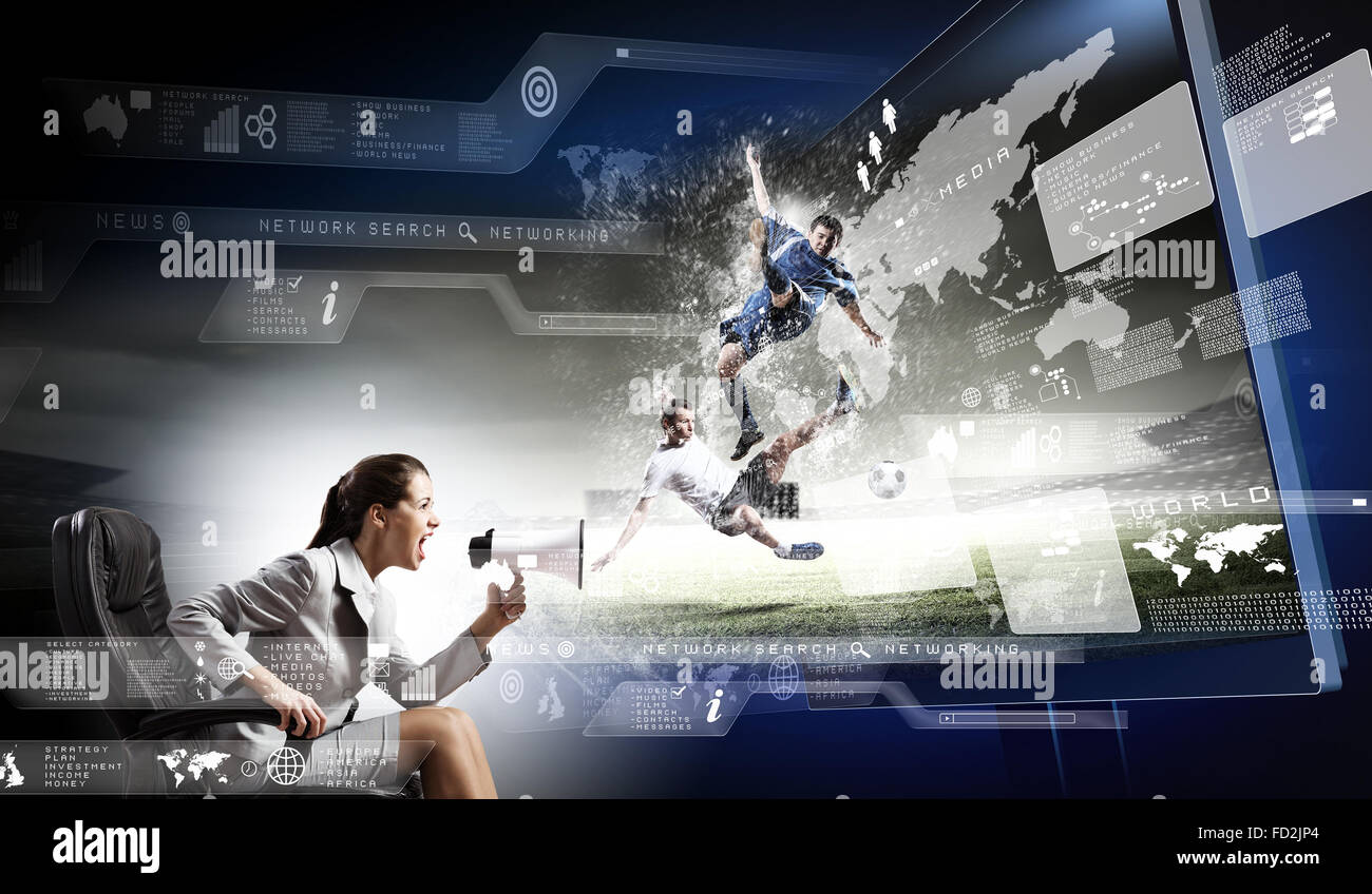 Emotional woman watching football match on 3 d tv Stock Photo - Alamy
