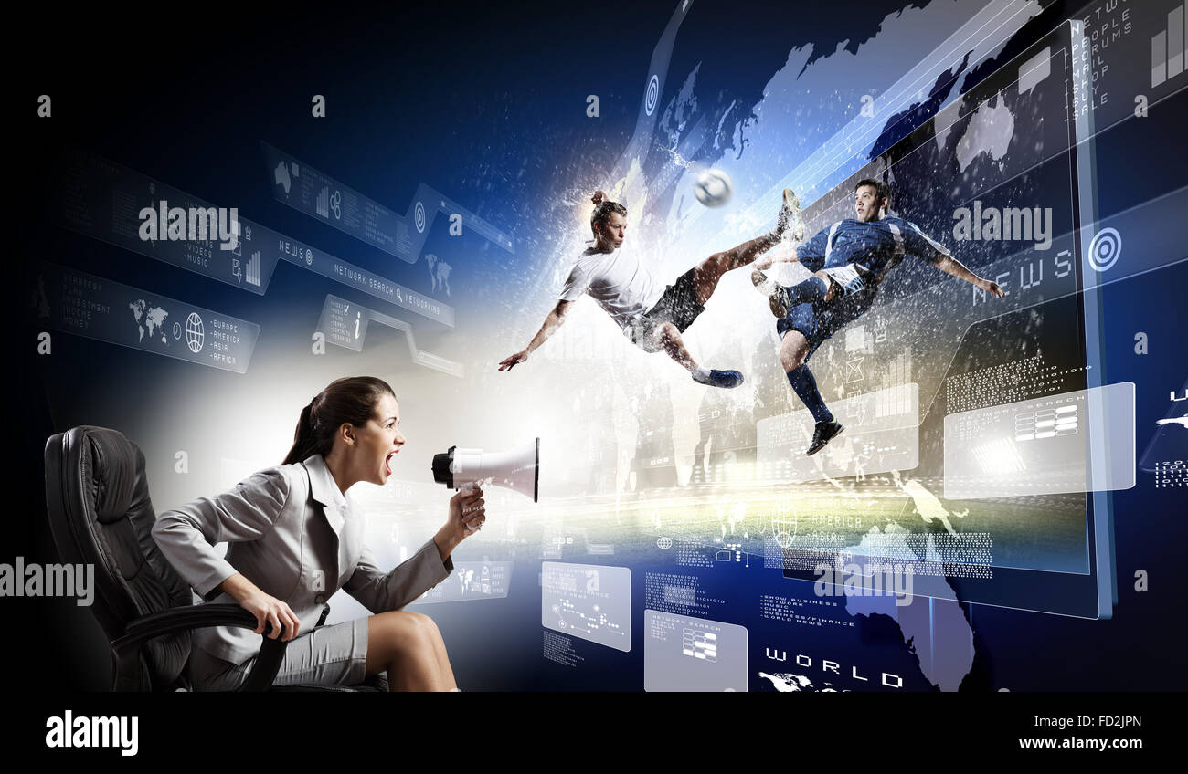 Emotional woman watching football match on 3 d tv Stock Photo - Alamy