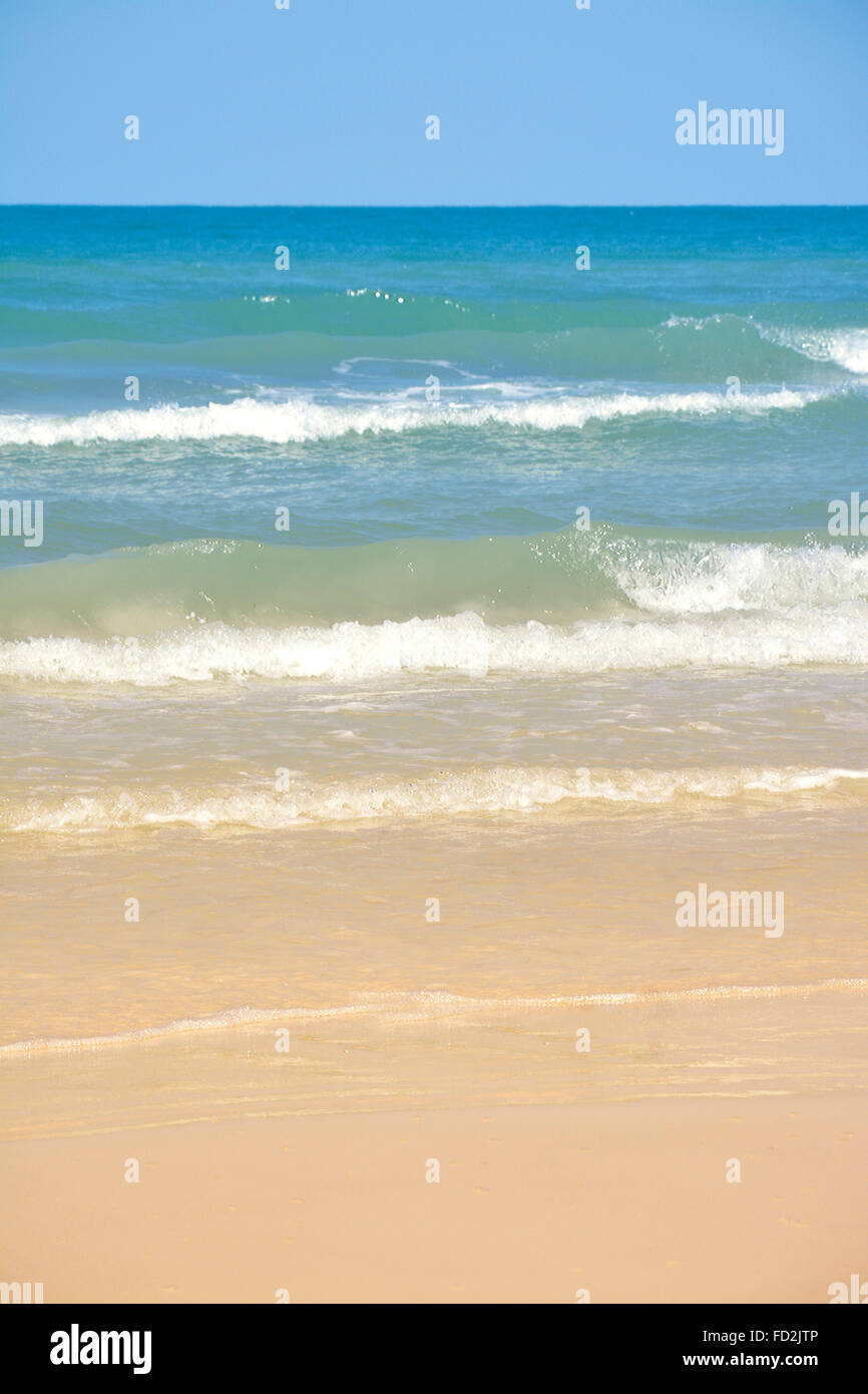 A softly colored, empty vertical view of the beach with a blue sky and ...
