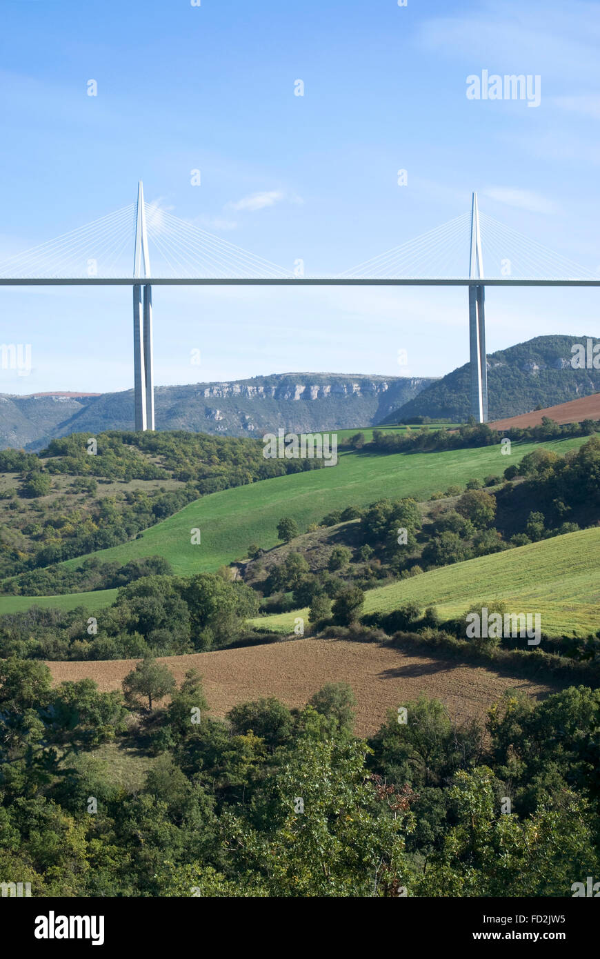 View of the Millau Viaduct, the tallest cable-stayed bridge over the ...